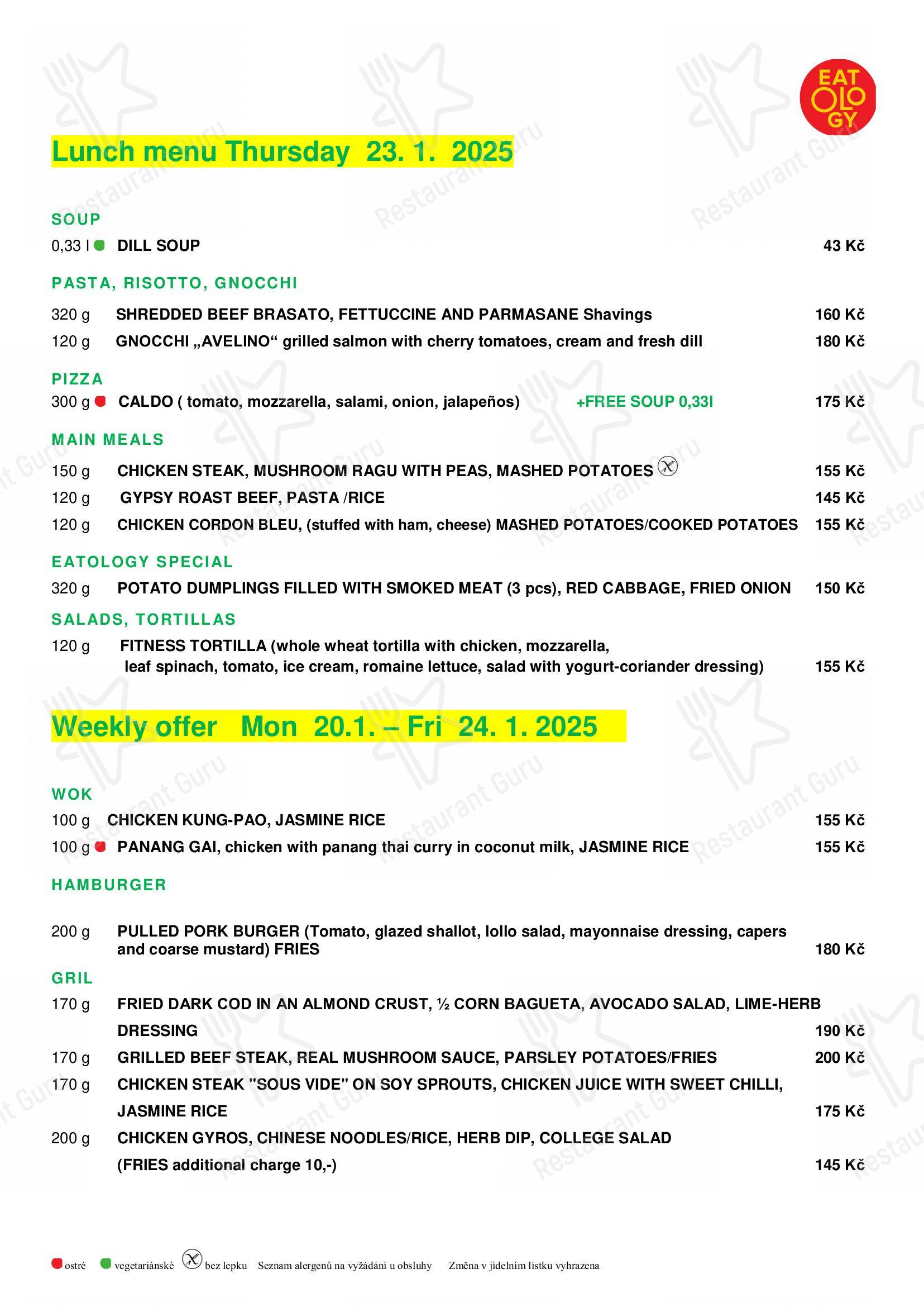 Menu at Eatology restaurant, Brno
