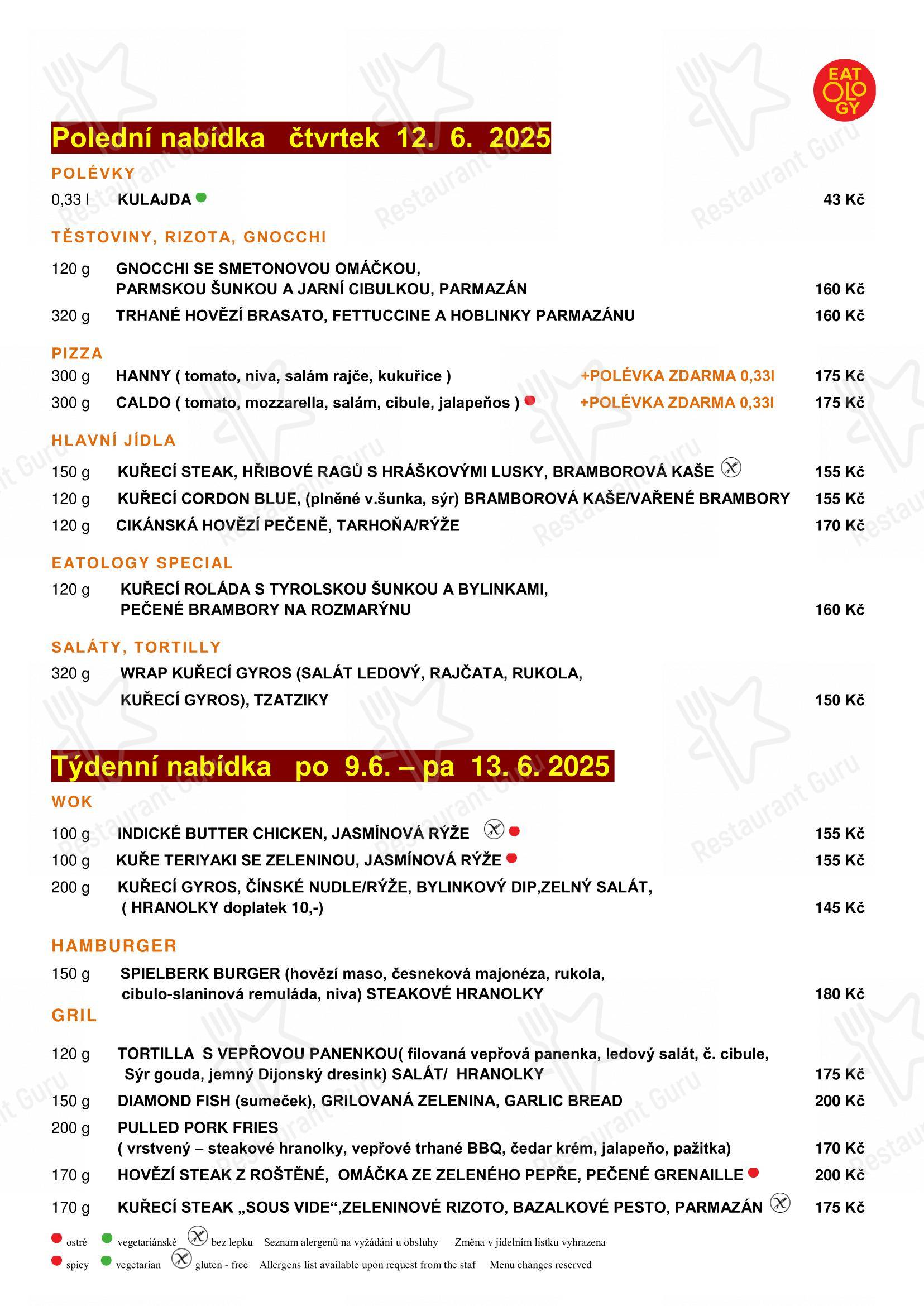 Menu at Eatology restaurant, Brno
