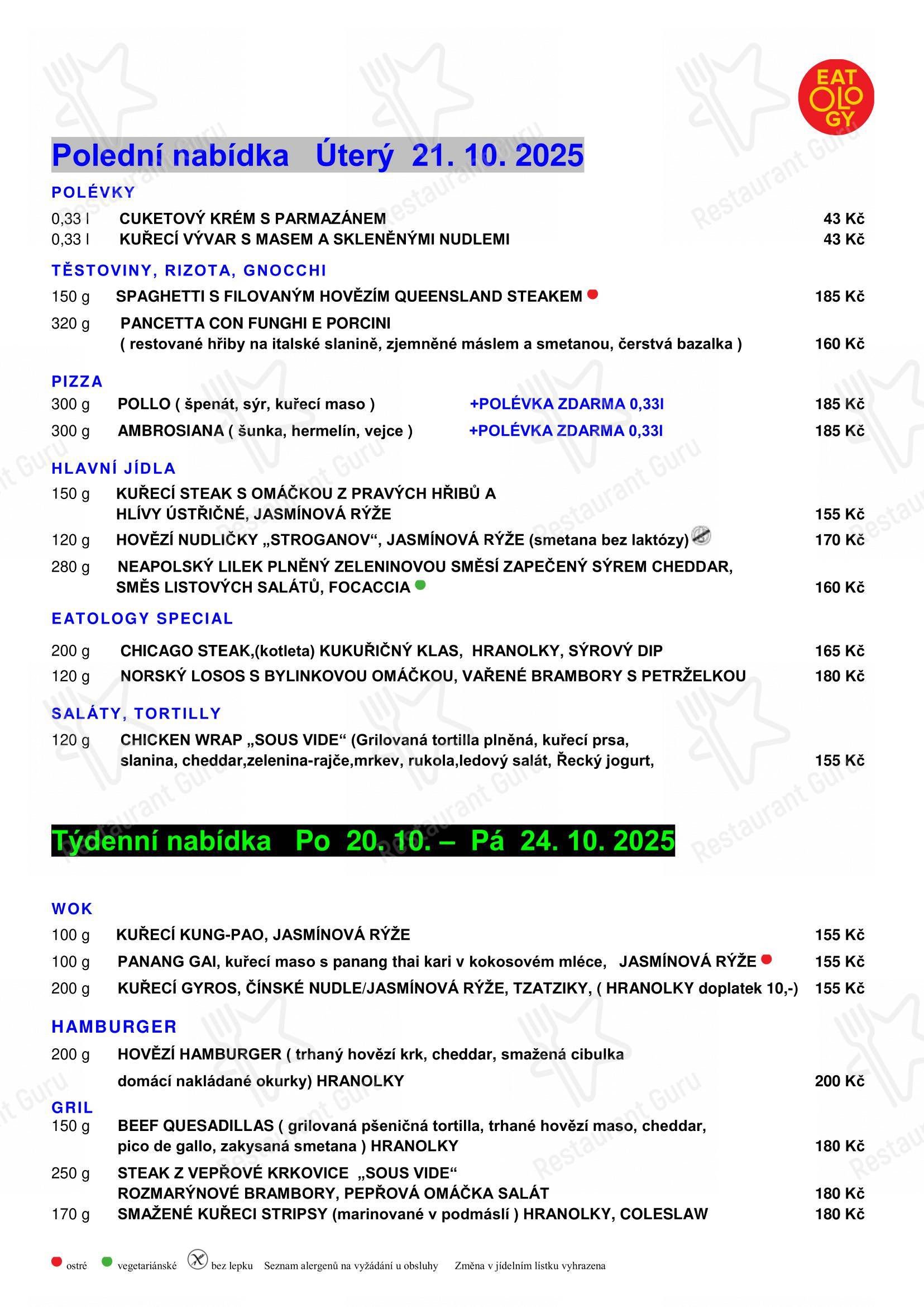 Menu at Eatology restaurant, Brno