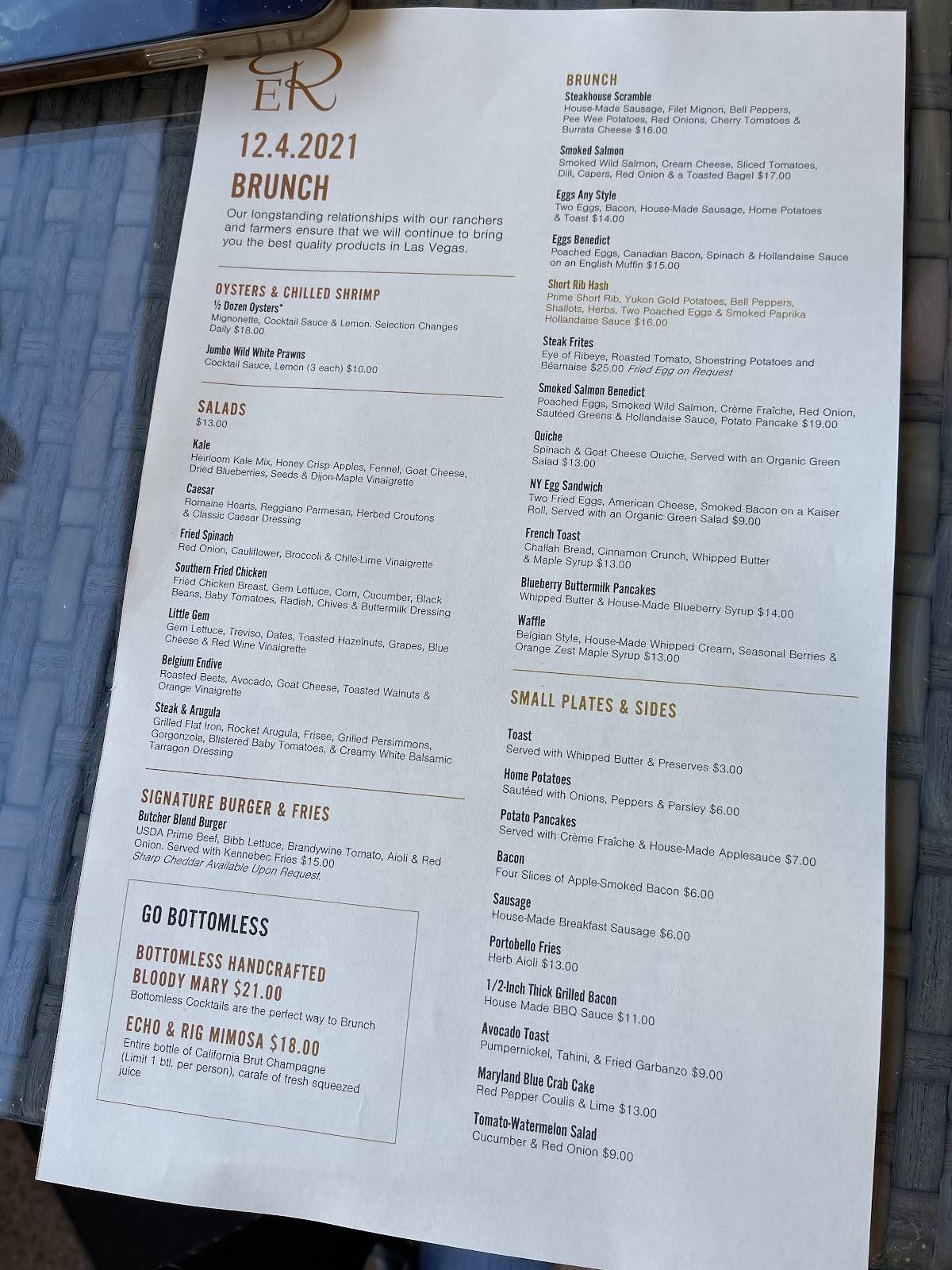 Menu at Echo & Rig steakhouse, Las Vegas