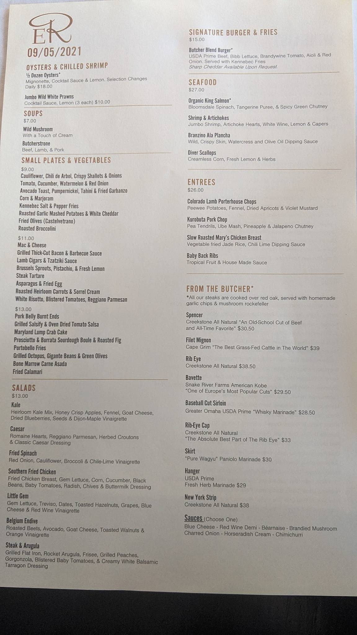 Menu at Echo & Rig steakhouse, Las Vegas