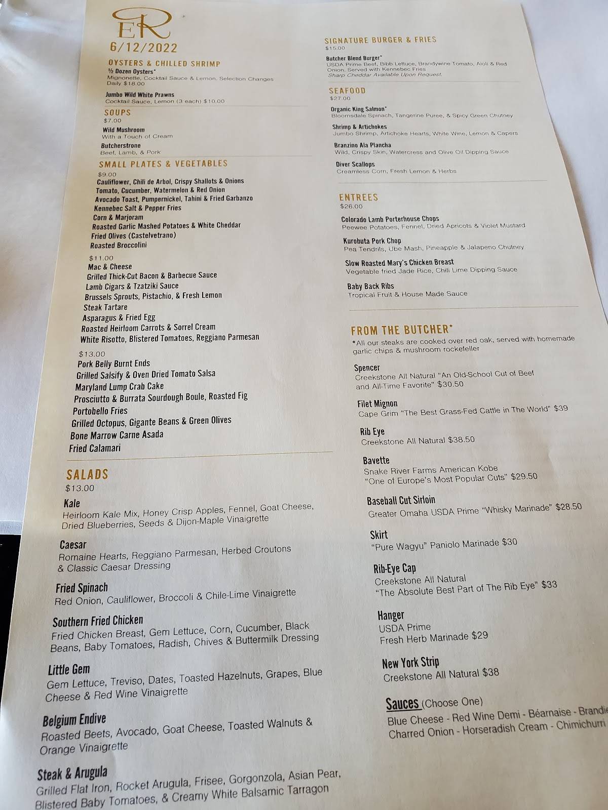 Menu at Echo & Rig steakhouse, Las Vegas