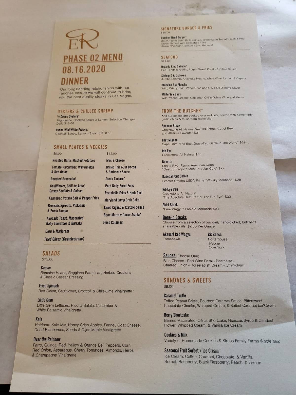 Menu at Echo & Rig steakhouse, Las Vegas