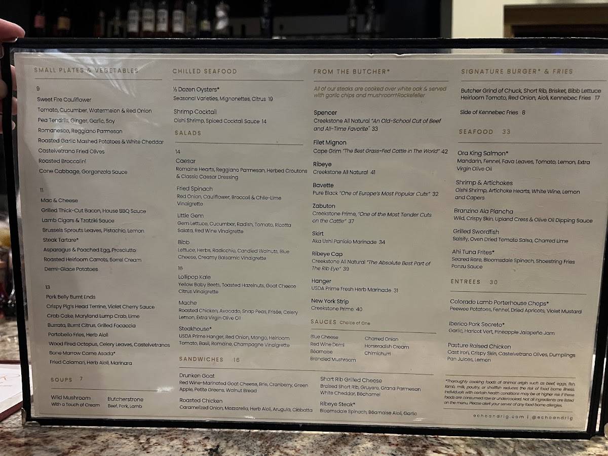 Menu at Echo & Rig steakhouse, Las Vegas