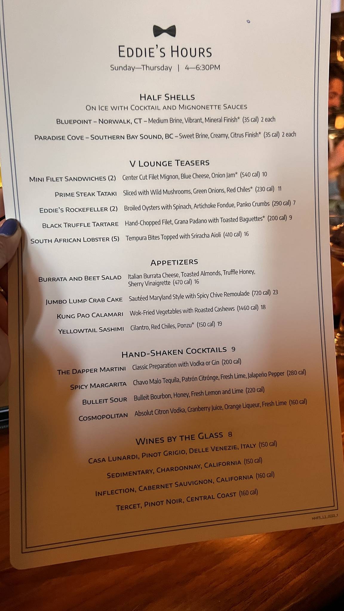 Menu at Eddie V's Prime Seafood steakhouse, Burlington