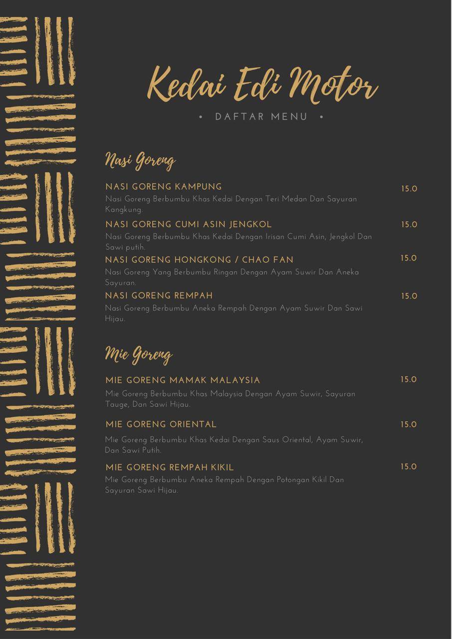 Menu at Edi Motor restaurant, Indonesia