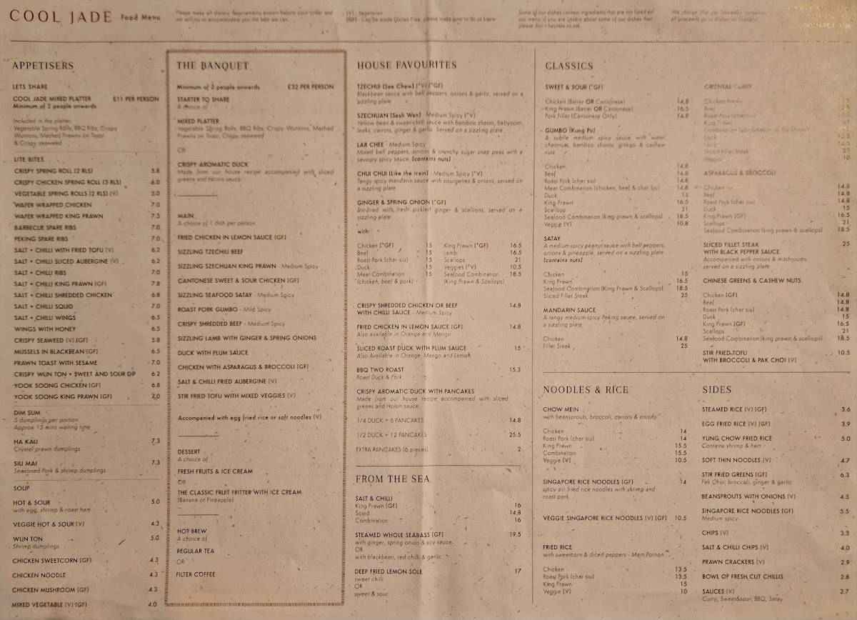 Menu at Cool Jade restaurant, Edinburgh