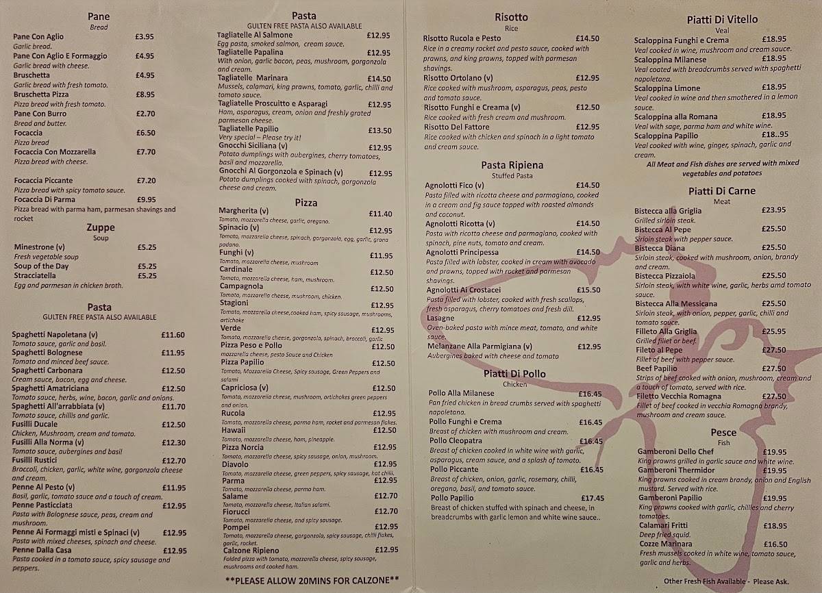 Menu at Papilio restaurant, Edinburgh