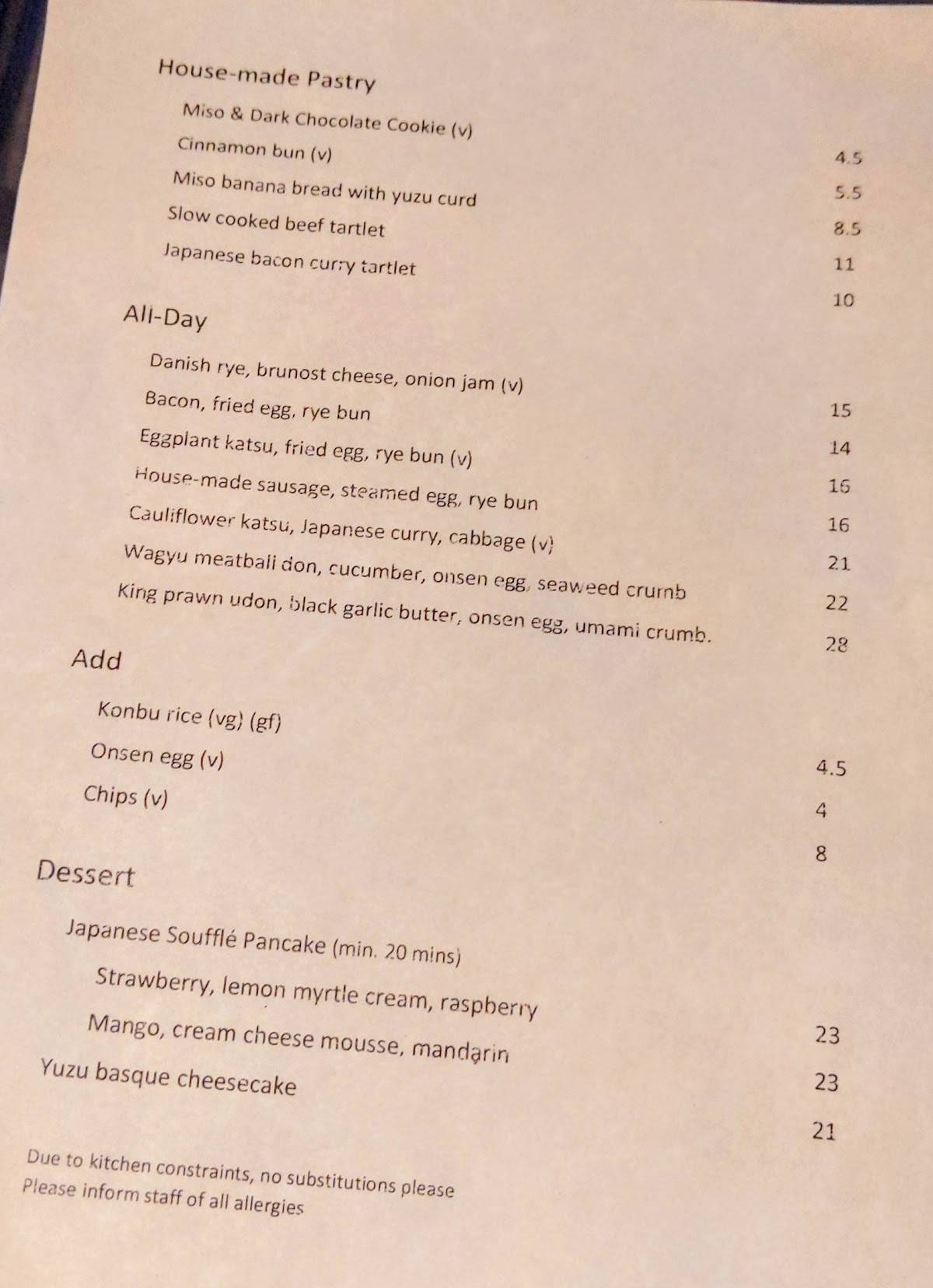 Menu at Edition Roasters cafe, Sydney, 60 Darling Dr
