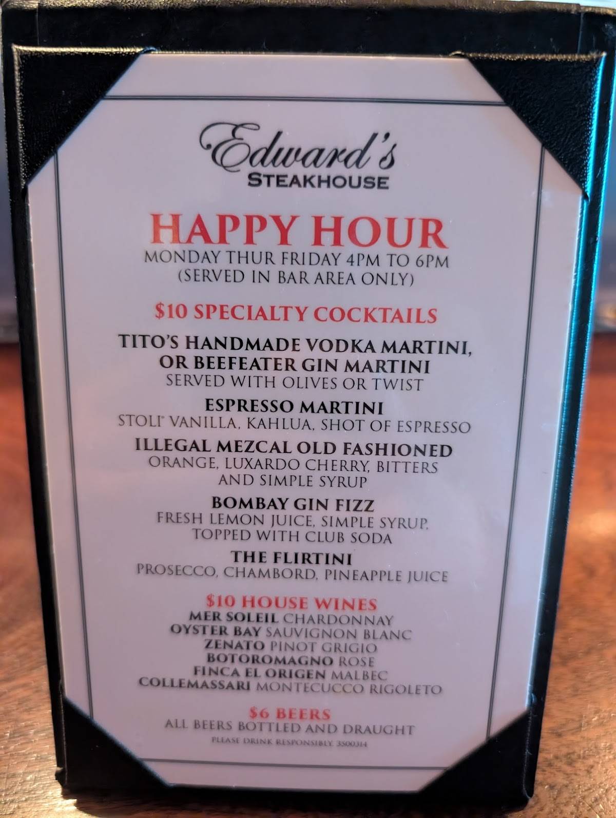 Menu at Edward's Steakhouse, Jersey City, 239 Marin Blvd