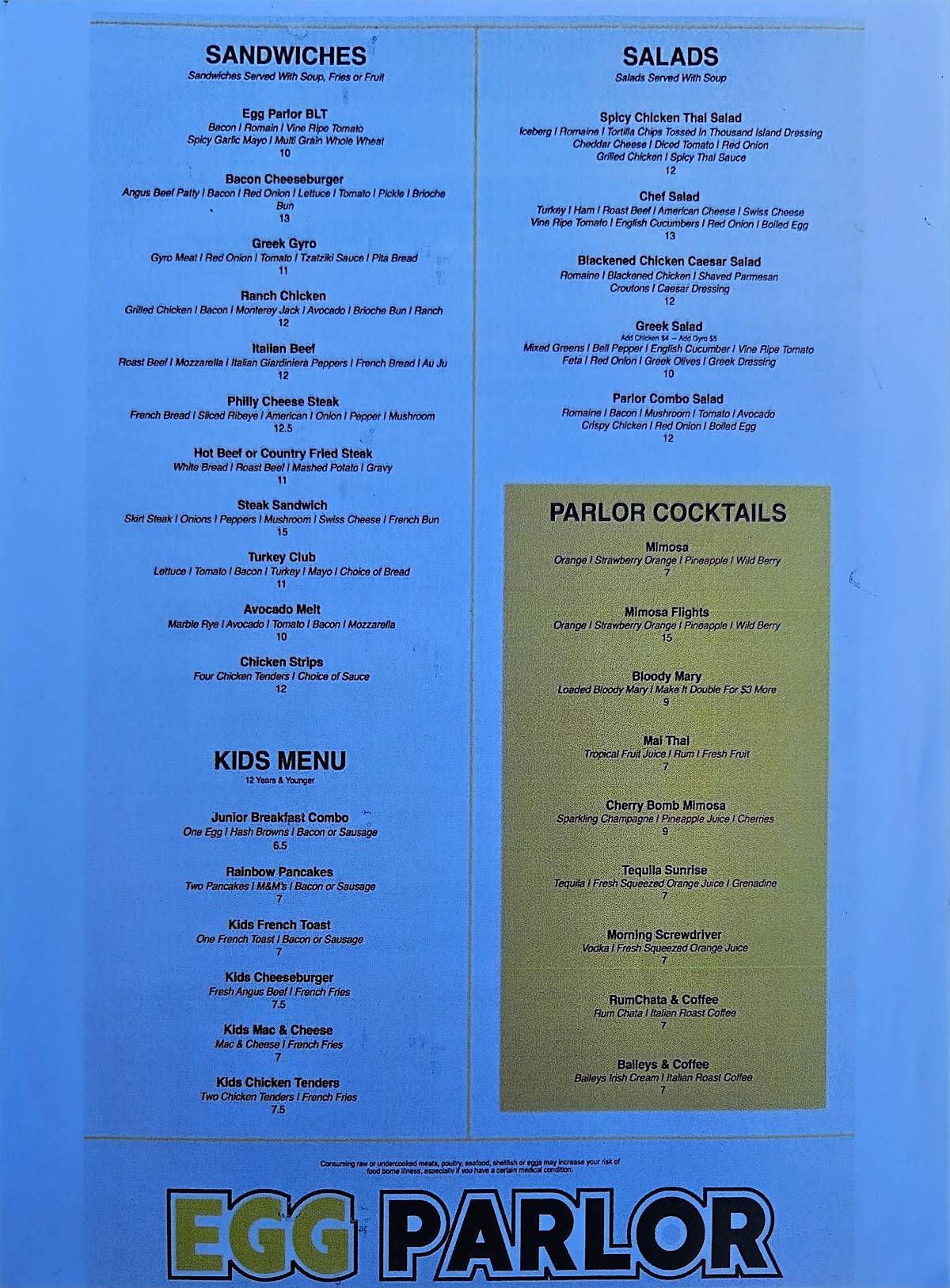 Menu at Egg Parlor restaurant, Silvis