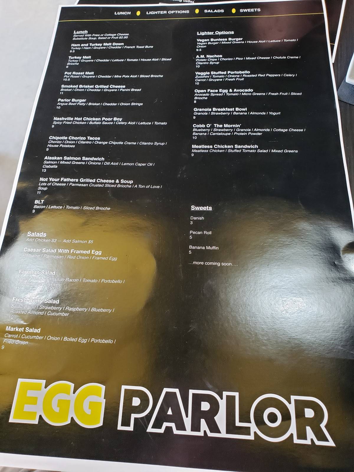 Menu at Egg Parlor restaurant, Silvis