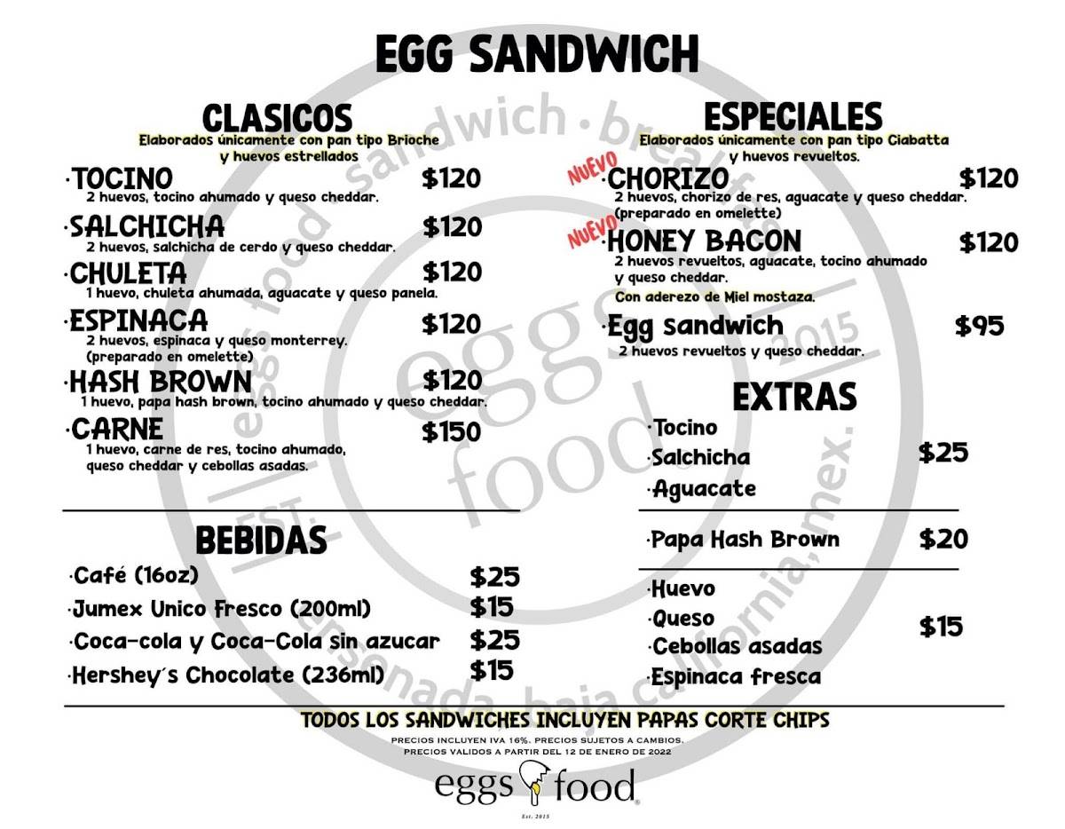 Menu at Eggs Food restaurant, Ensenada, Esquina con Esmeralda