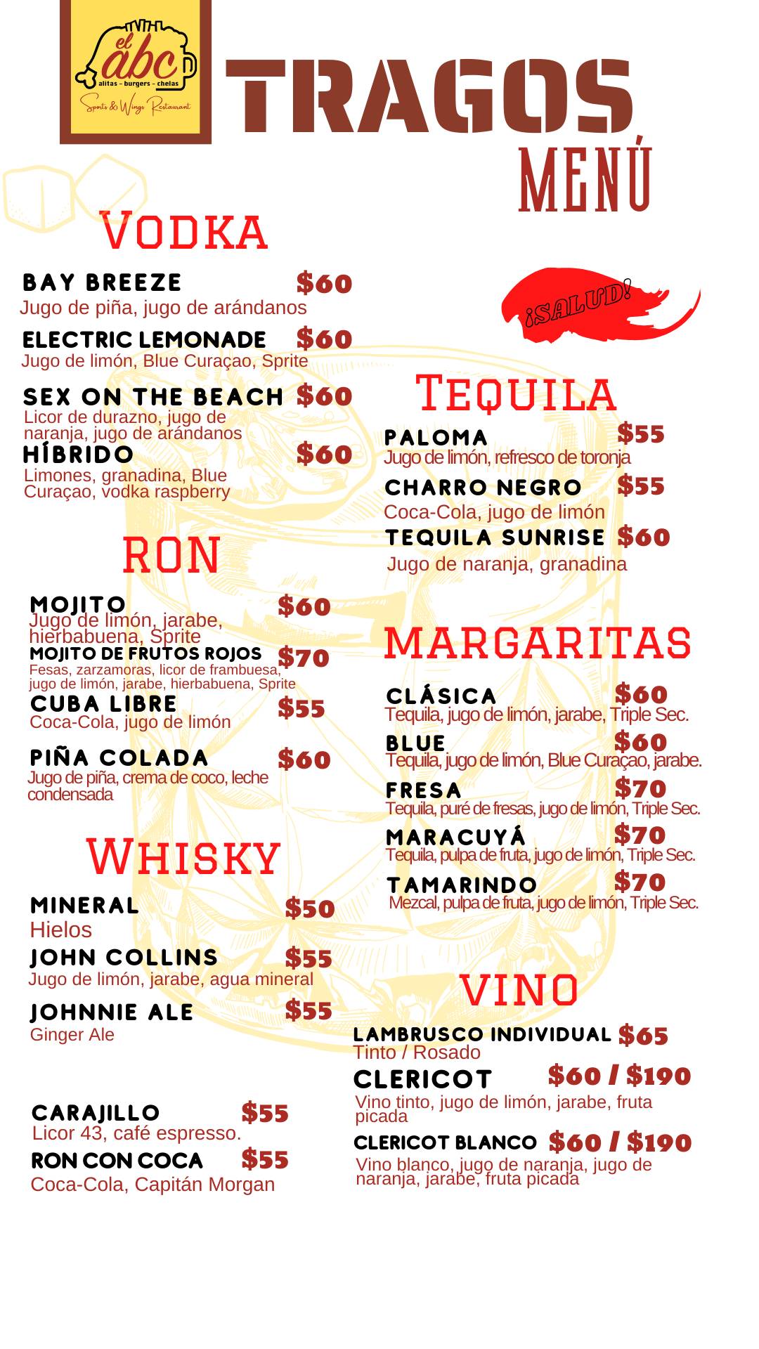 Carta del restaurante El ABC Sports & Wings, Ocozocoautla del Espinosa