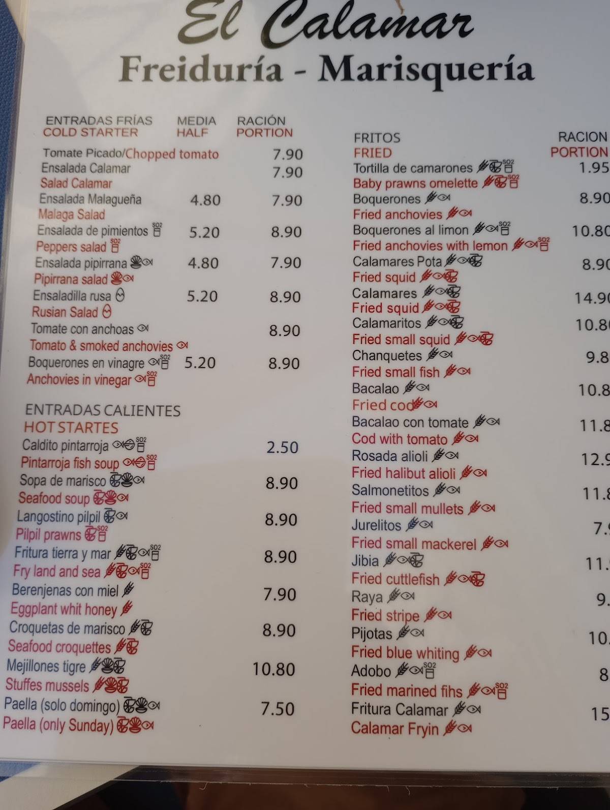 Carta del restaurante El Calamar, Benalmádena