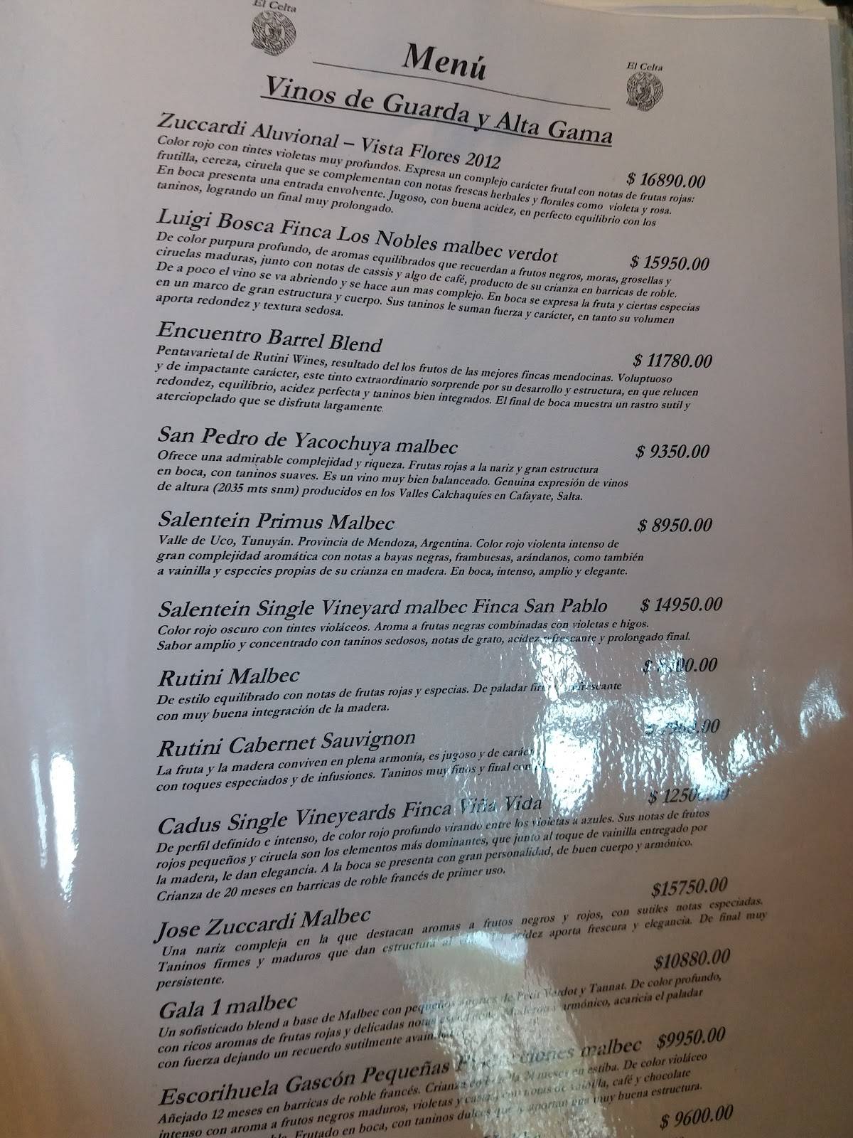 Carta del restaurante El Celta, Córdoba, Jerónimo Luis del Cabrera 269