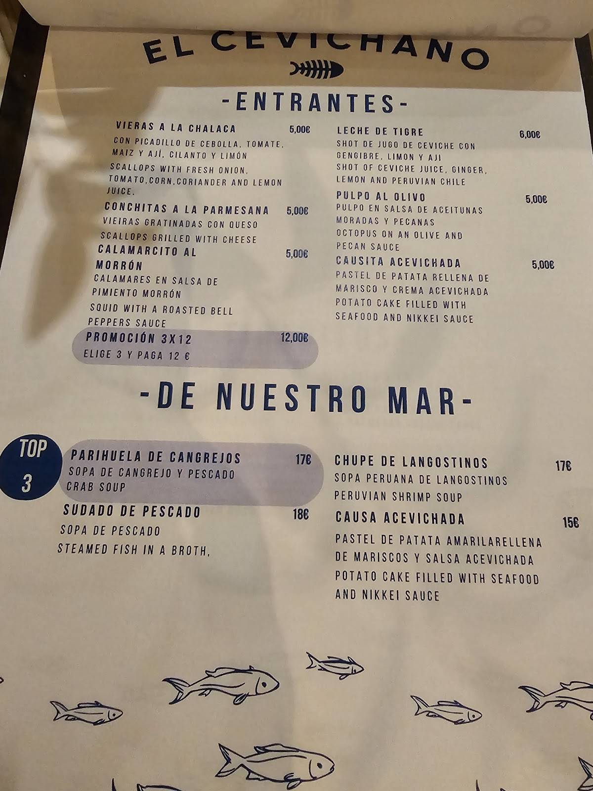 Menu at El Cevichano, Cocina Peruana de la Costa restaurant, Seville