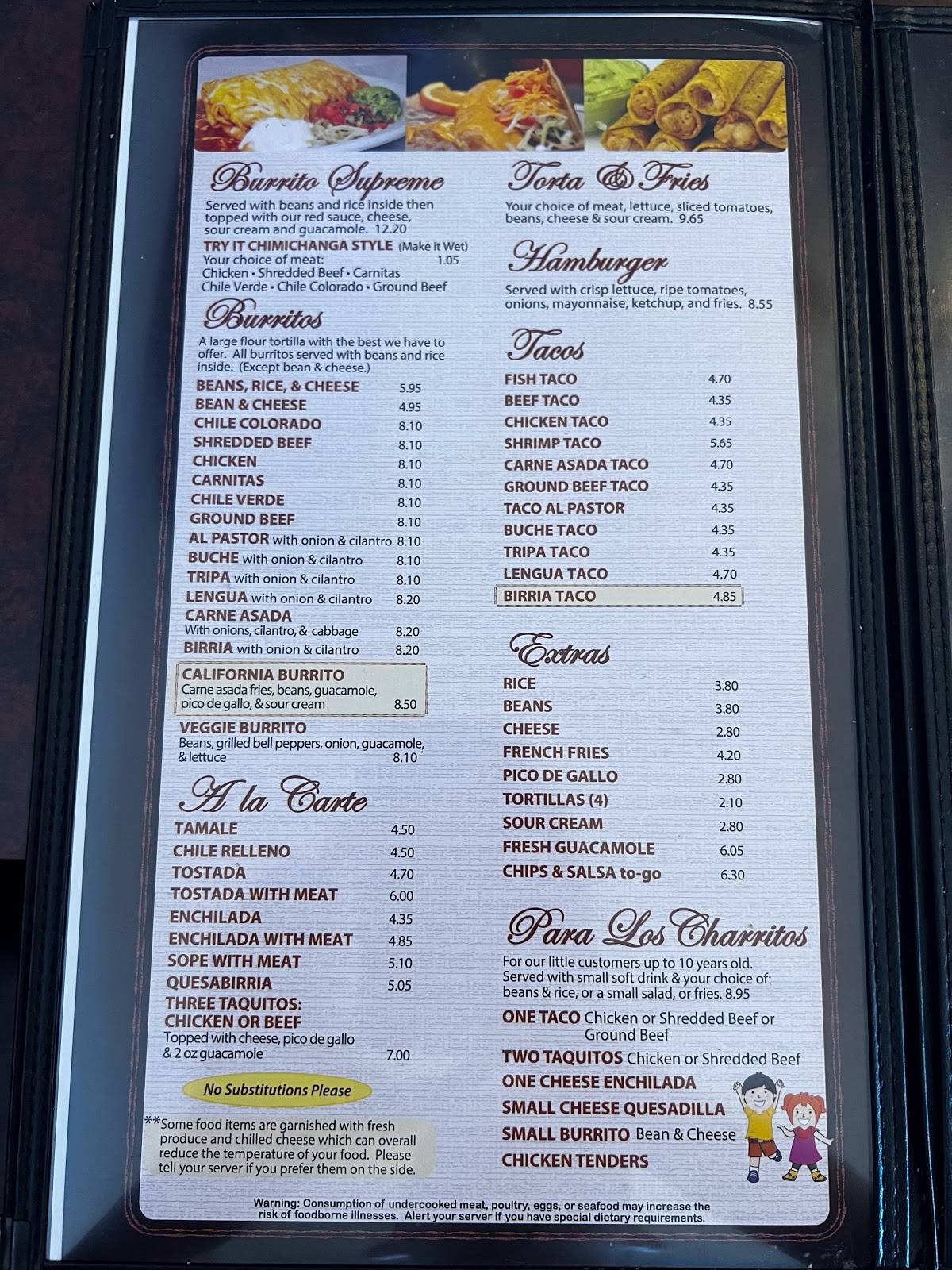 Menu at El Charro Authentic Mexican restaurant, Cherry Valley