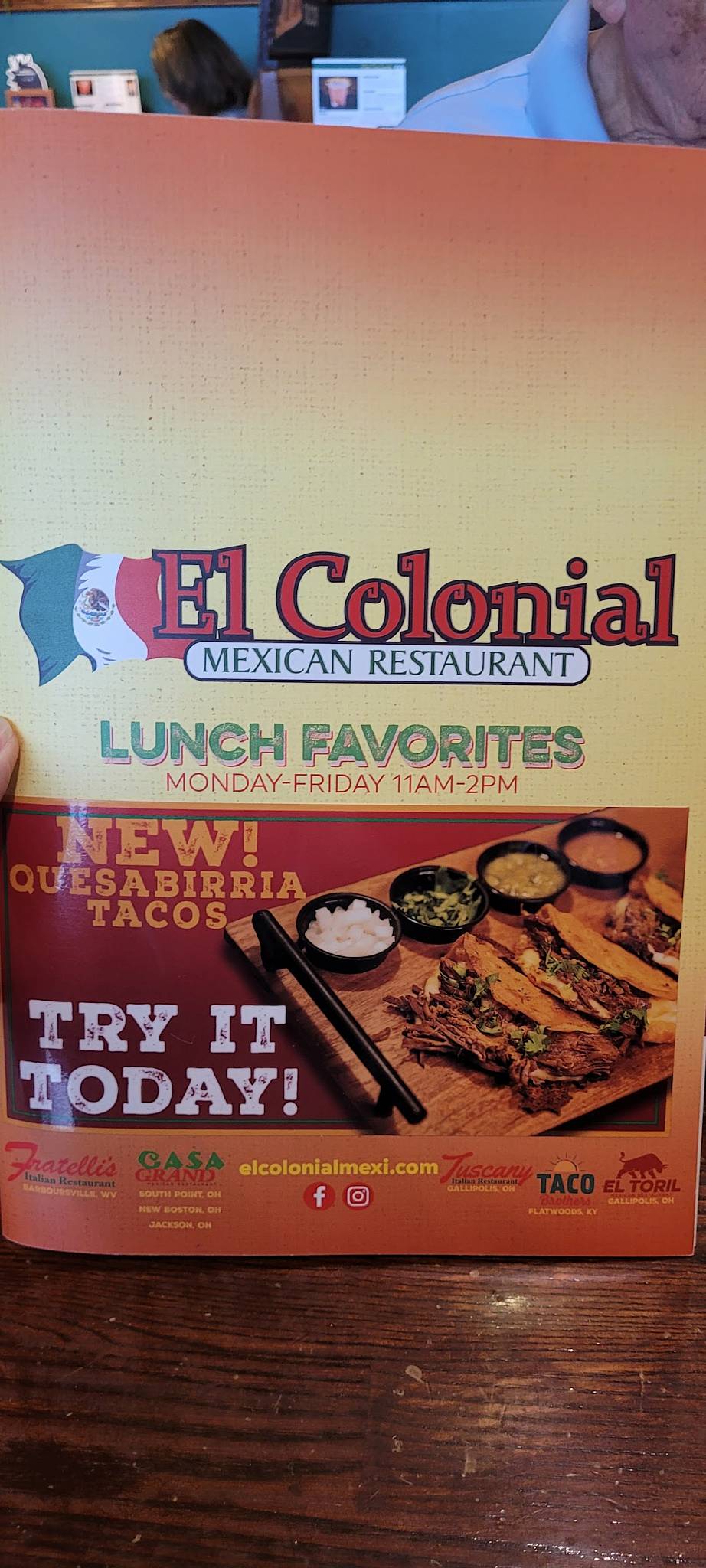 Menu at El Colonial restaurant, Ashland, 366 Diederich Blvd