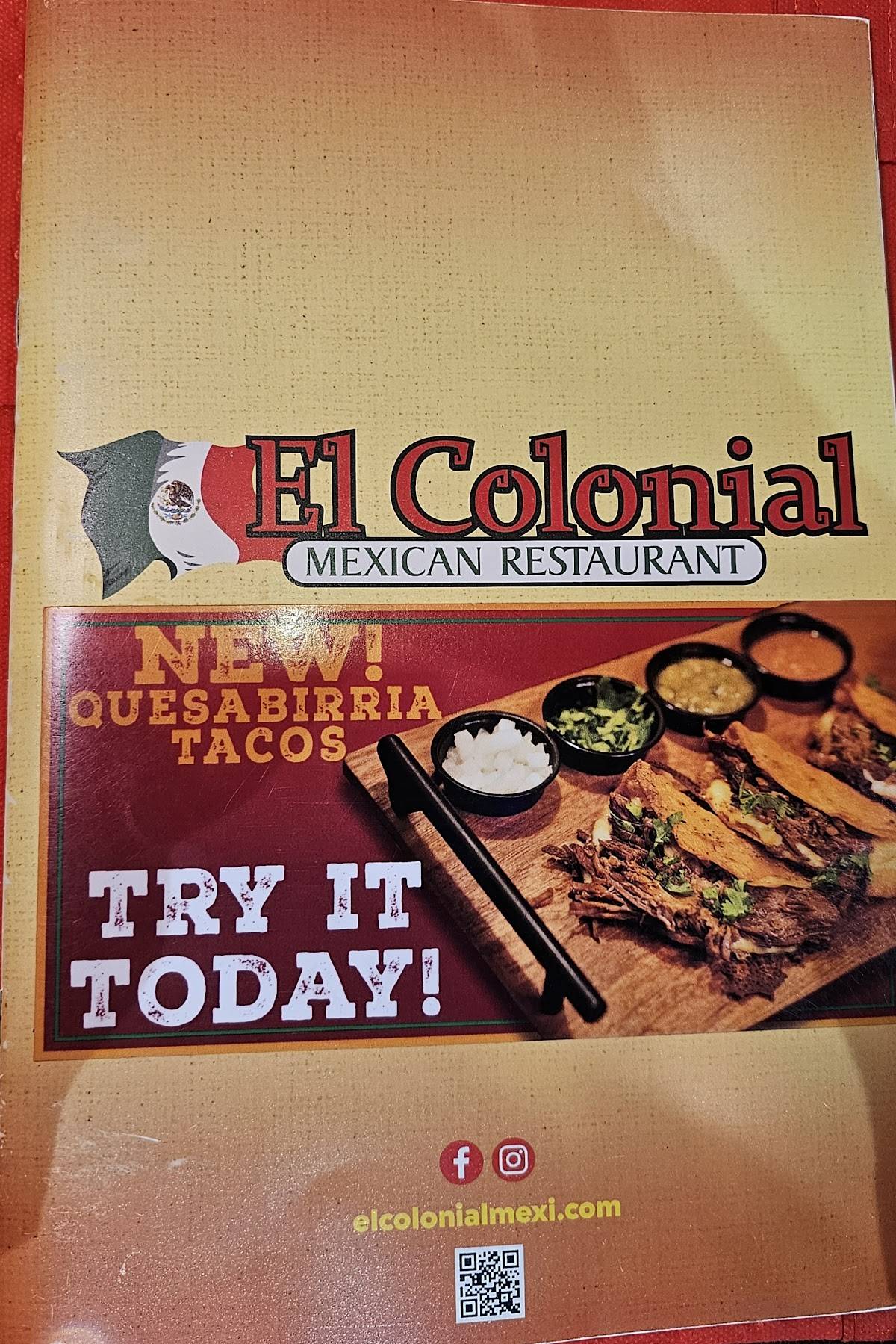 Menu at El Colonial restaurant, Ashland, 366 Diederich Blvd