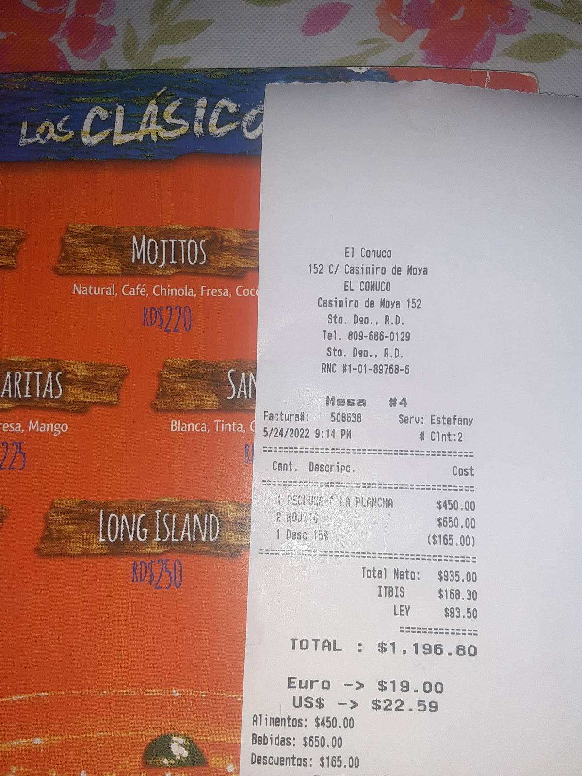 Carta del restaurante El Conuco, Santo Domingo