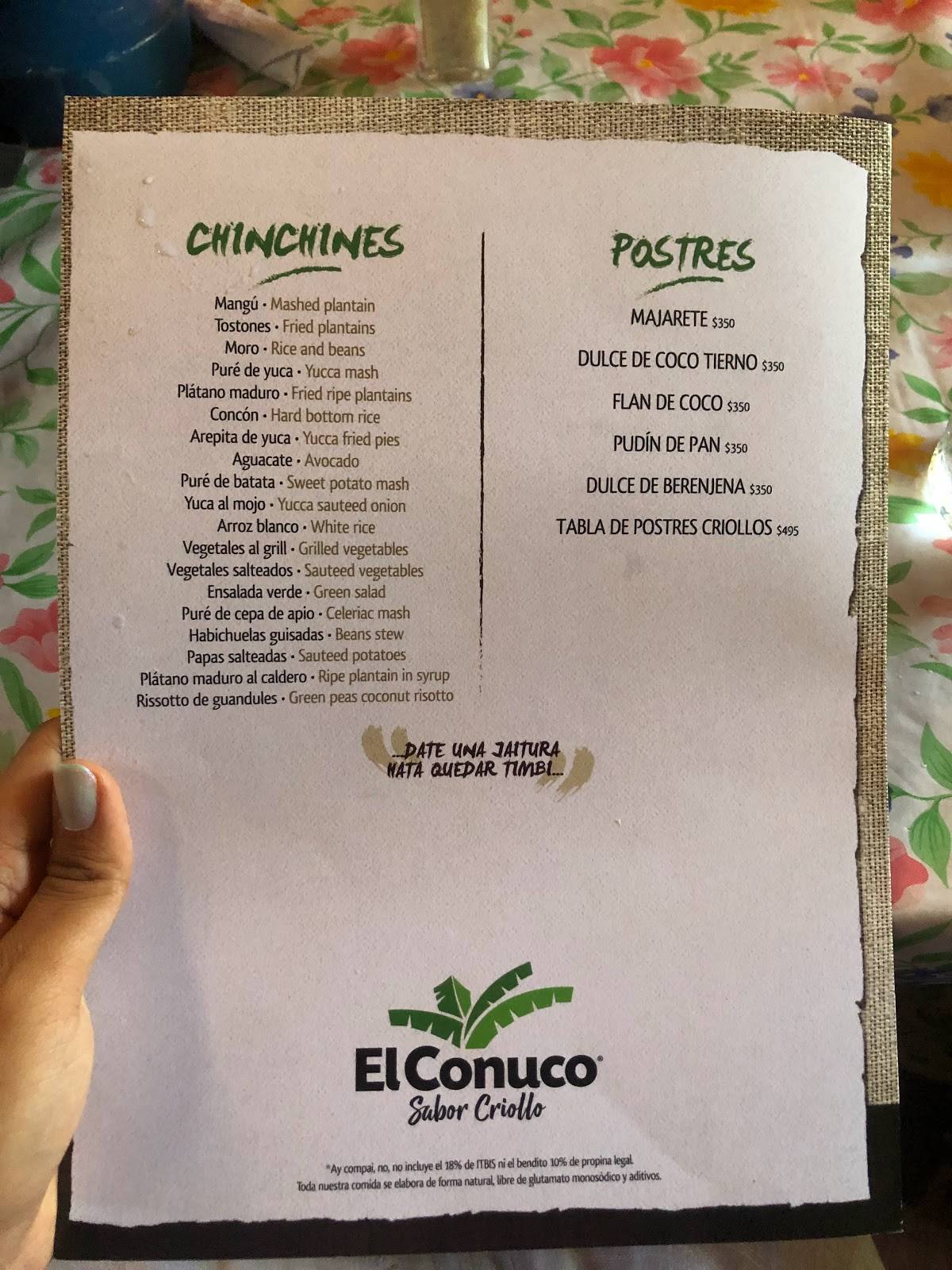 Carta del restaurante El Conuco, Santo Domingo