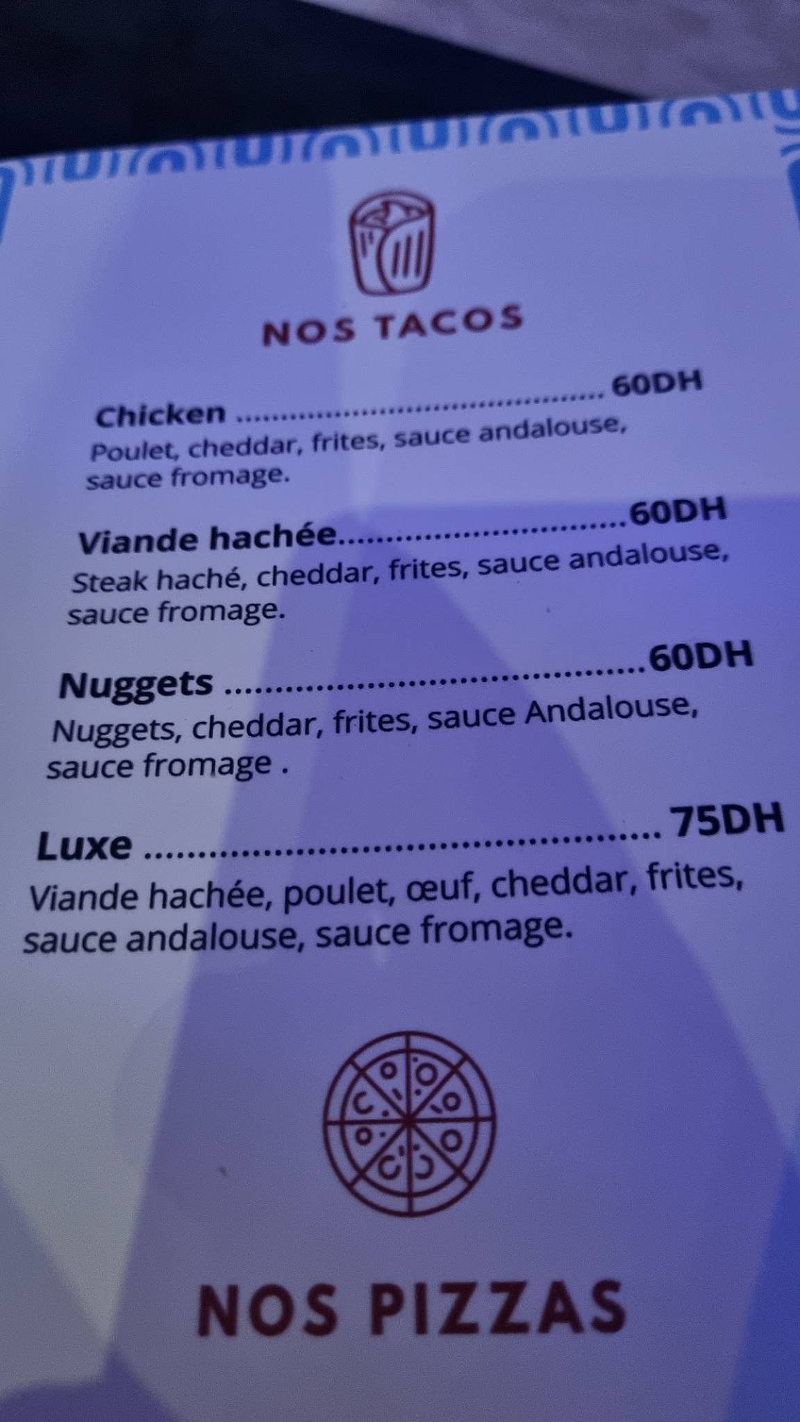 Menu au Aiman Jet Park café, Al Hoceima