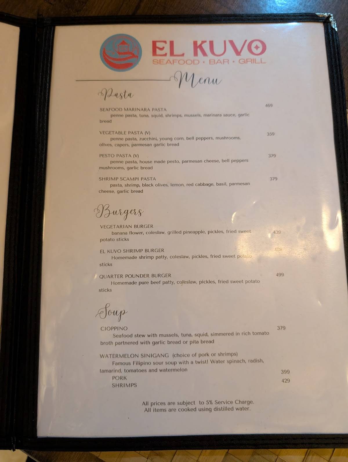 Menu at El Kuvo restaurant, Coron