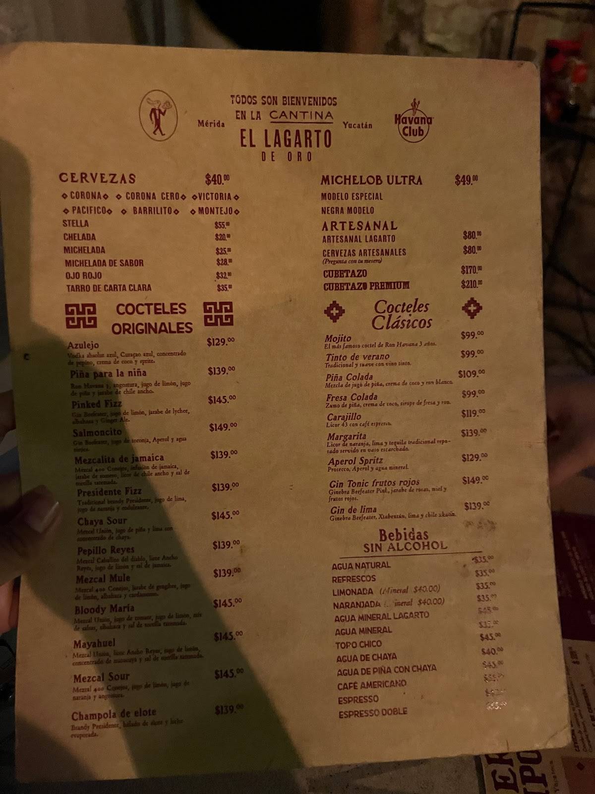 Carta del restaurante El Lagarto del Oro, Merida