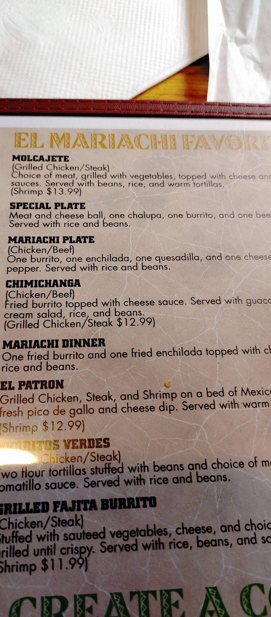 Menu at El Mariachi restaurant, Picayune