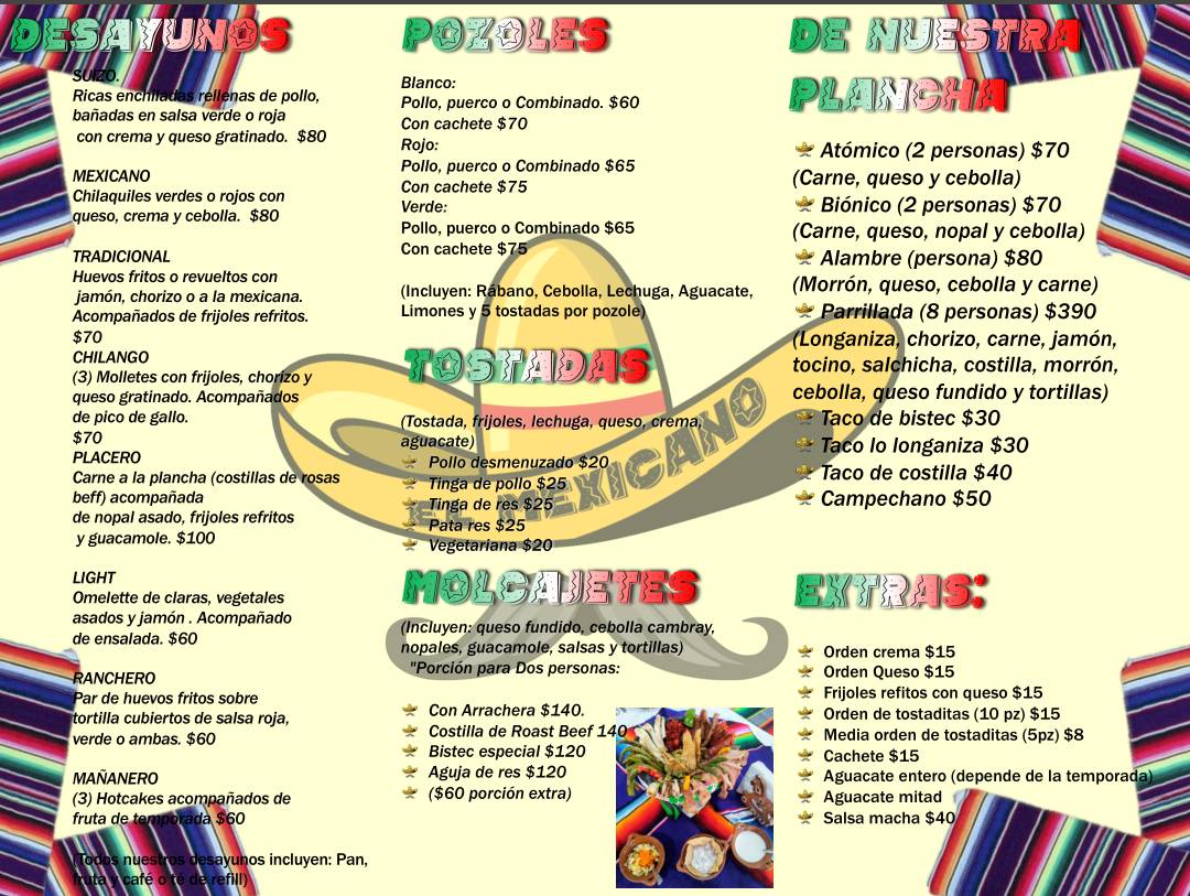 Menu at El Mexicano restaurant, Tlaxcala