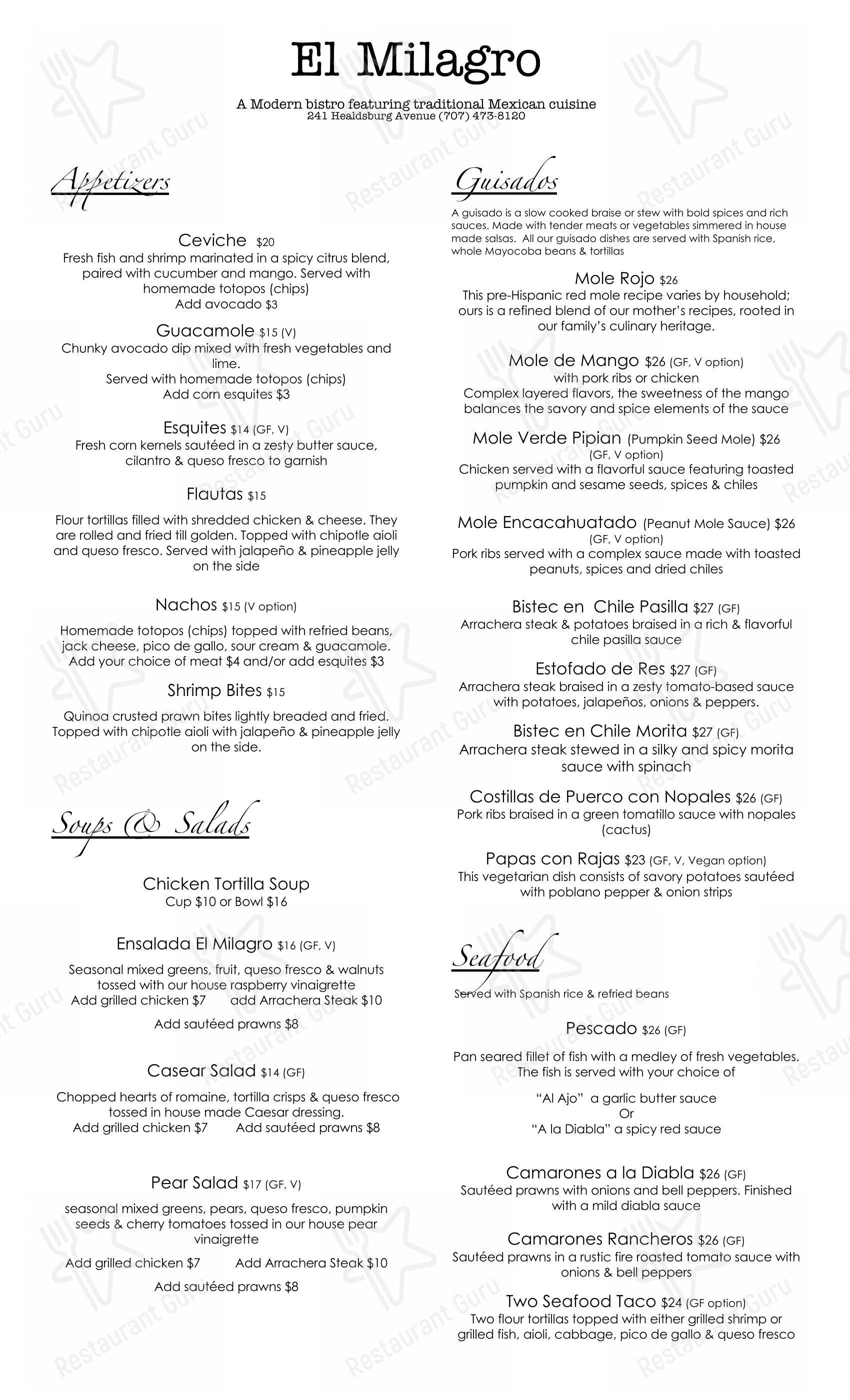 Menu at El Milagro Healdsburg restaurant, Healdsburg