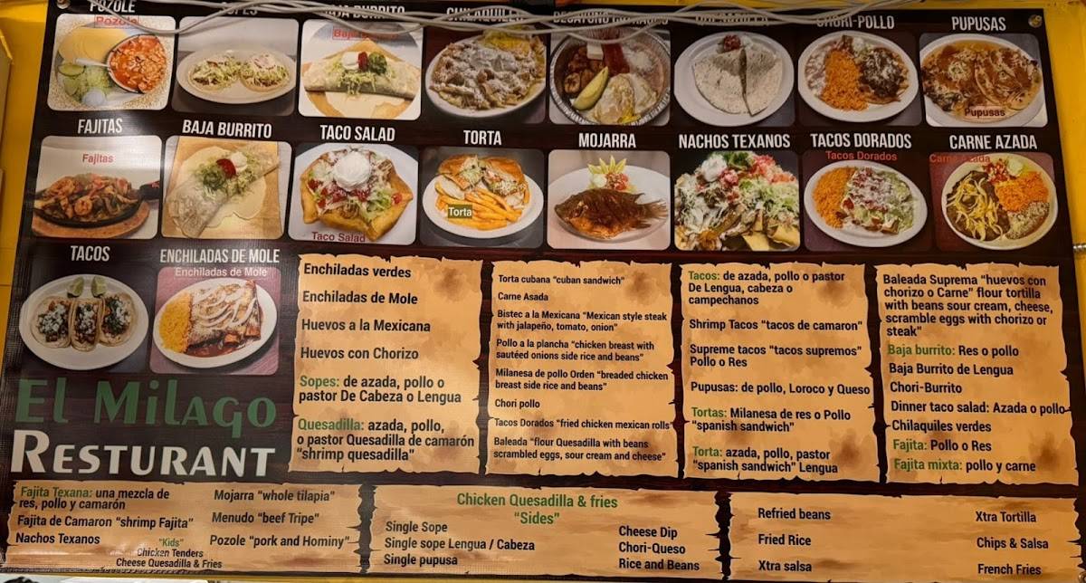 Menu at El Milagro restaurant, Ruckersville