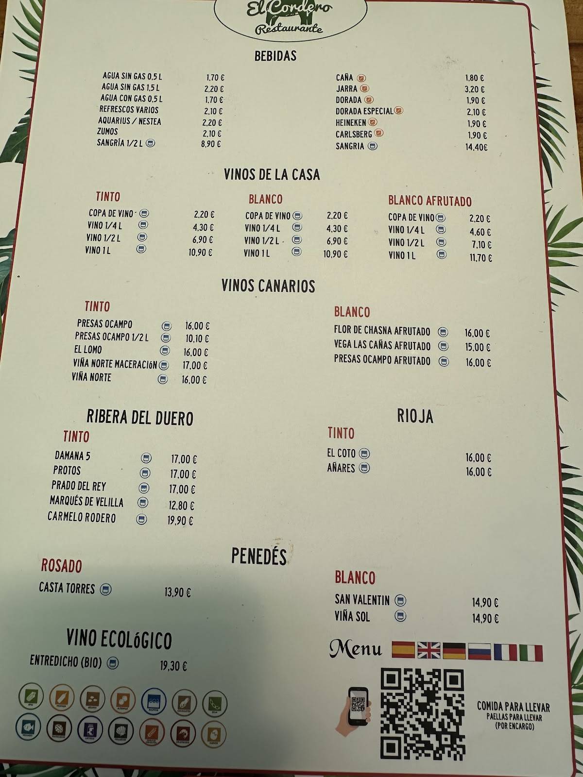 Carta de Restaurante El Cordero, El Monte O Guargacho, TF-652