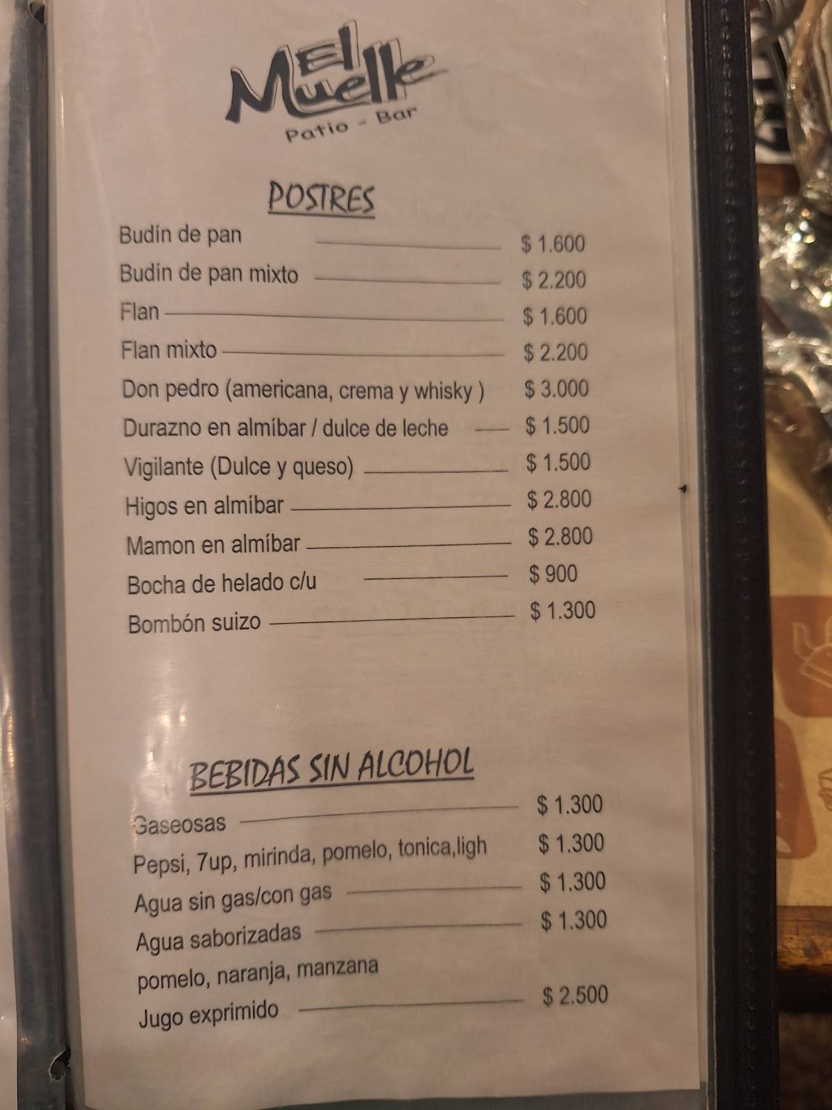 Carta del restaurante El Muelle, Gualeguaychú