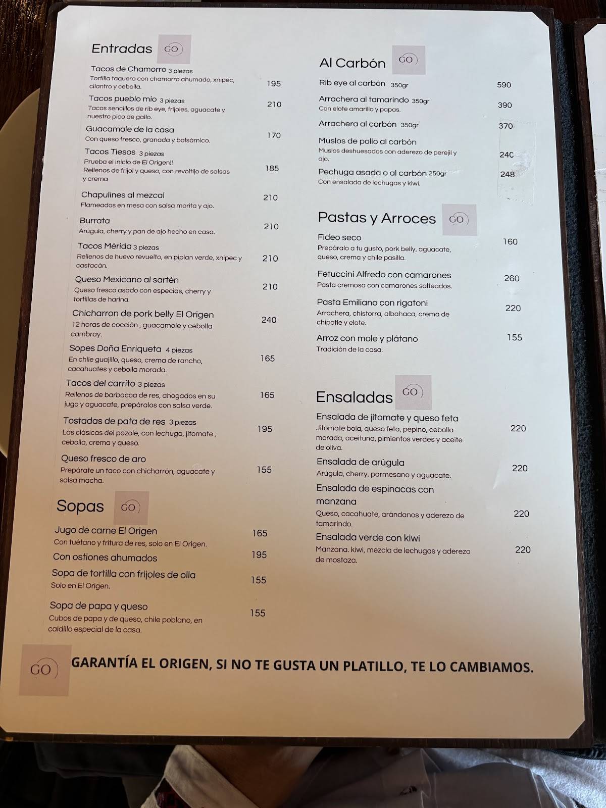 Carta del restaurante El Origen, Cuernavaca, Av. Cuauhtémoc 60