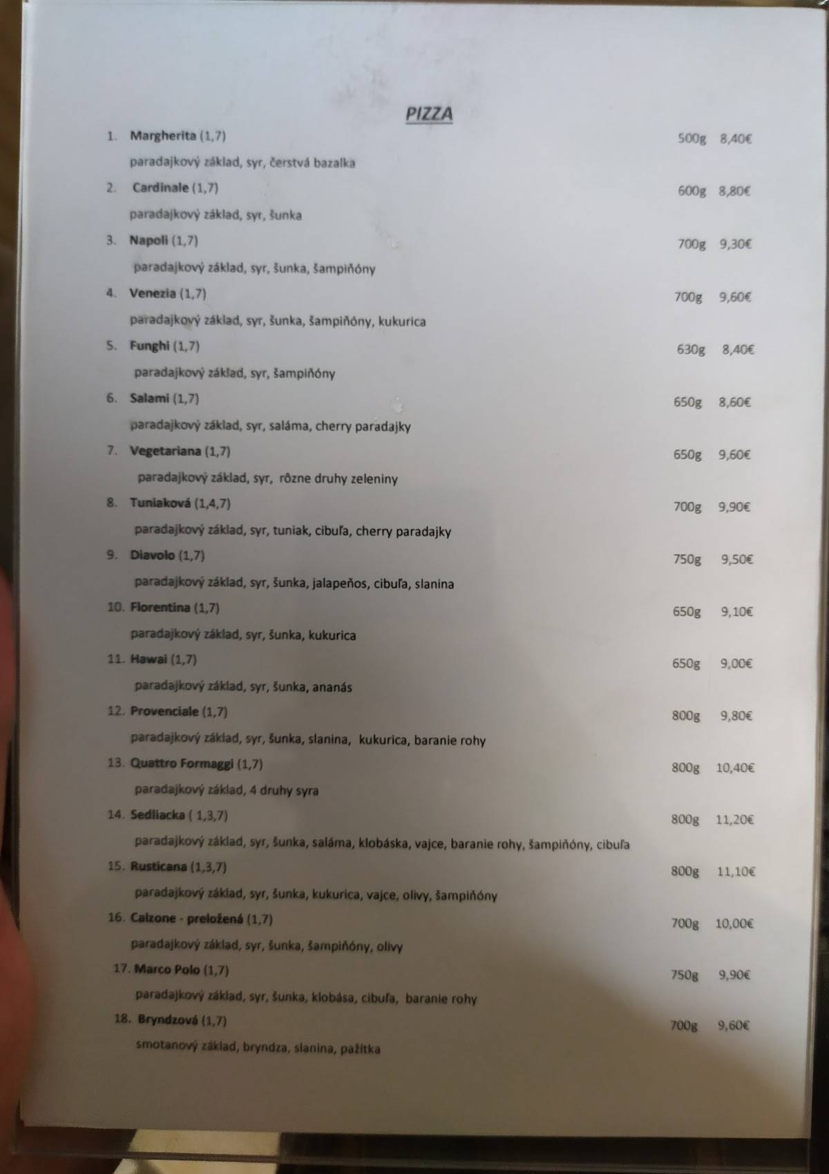 Menu at El Padrino pizzeria, Malacky