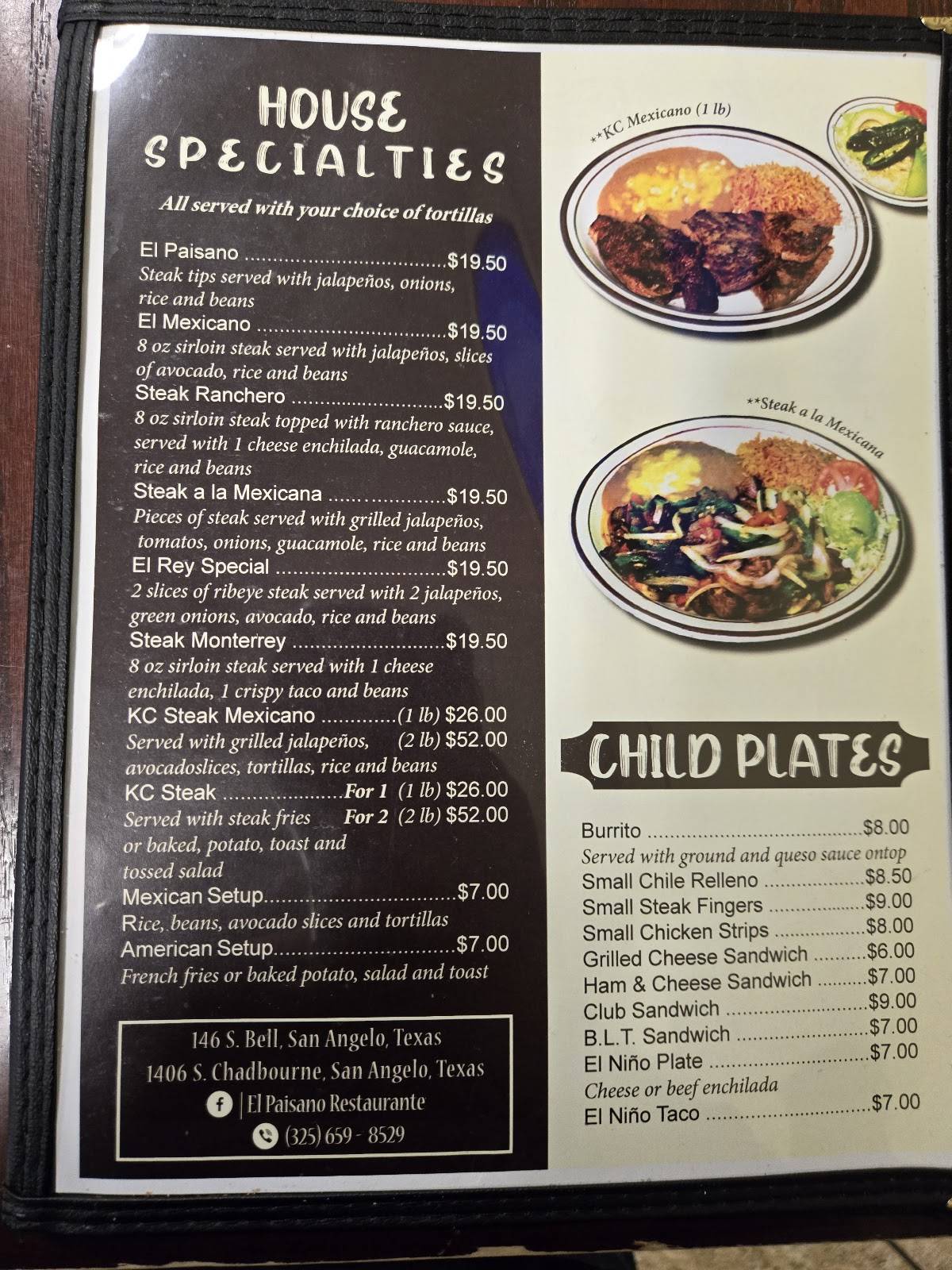 Menu at El Paisano Restaurant, San Angelo