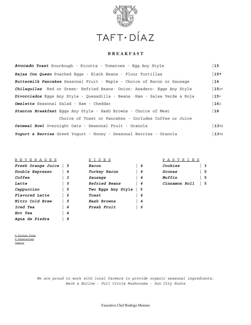 Menu at Taft-Diaz restaurant, El Paso
