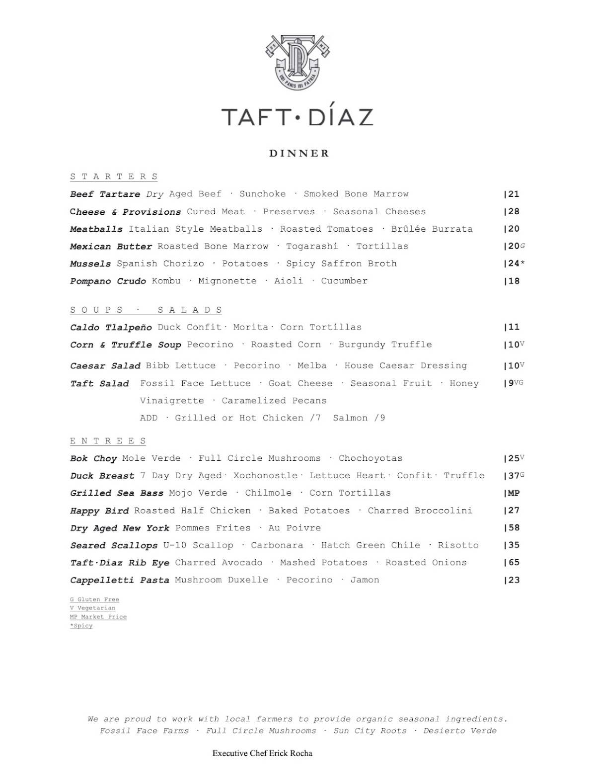 Menu at Taft-Diaz restaurant, El Paso