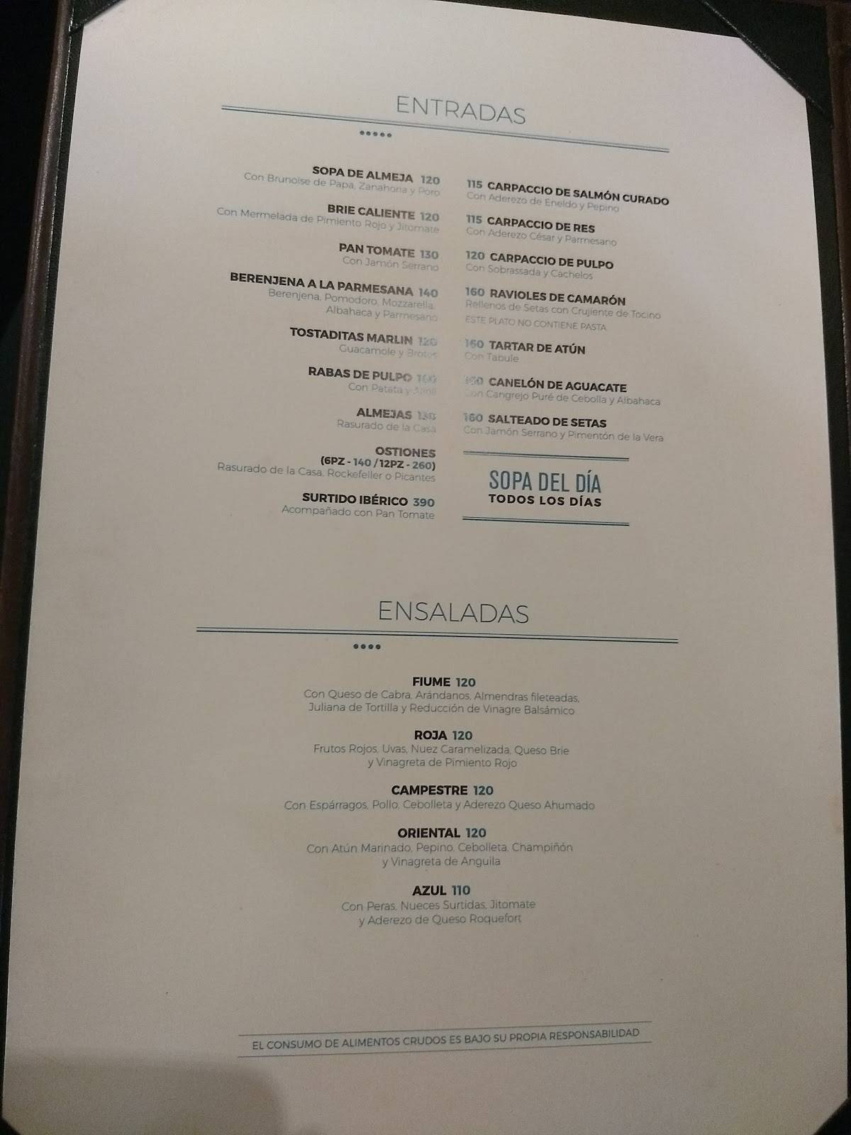 Carta del restaurante Fiume 37, Santiago del Querétaro