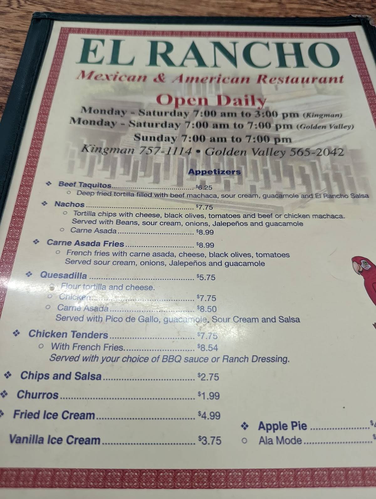 Menu at El Rancho Restaurant, Golden Valley