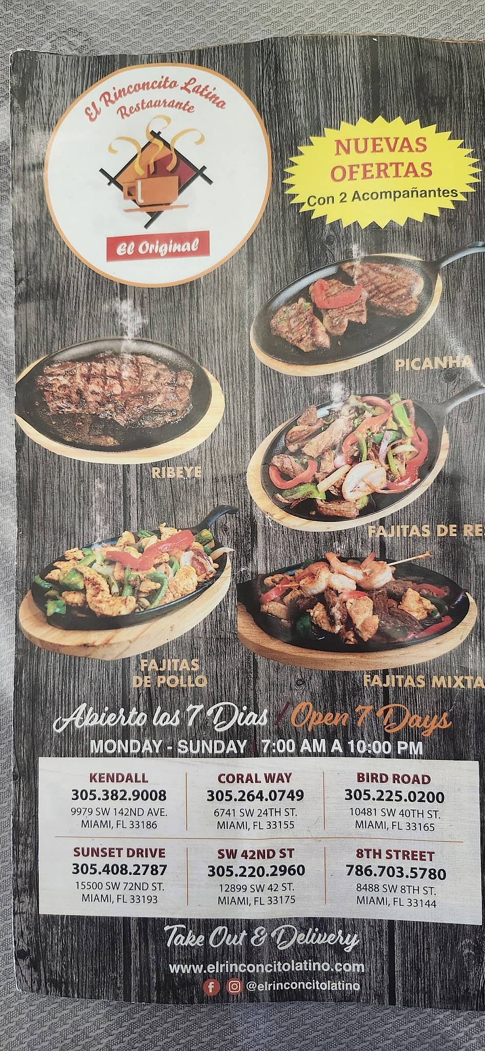 Menu at El Rinconcito Latino Coral Way restaurant, Miami, SW 24th St
