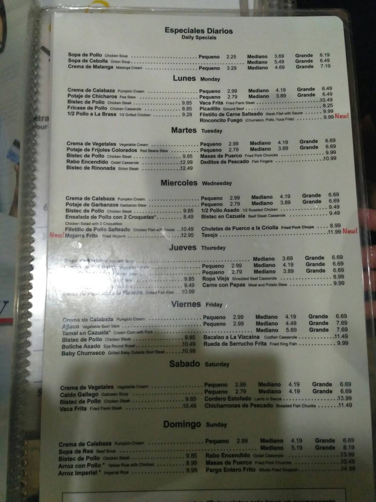 Menu at El Rinconcito Latino Coral Way restaurant, Miami, SW 24th St