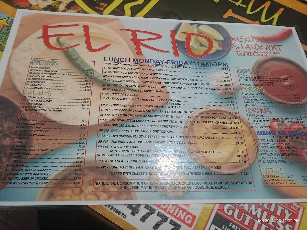 Menu at El Rio Mexican Restaurant’s, Marianna, Optimist Dr
