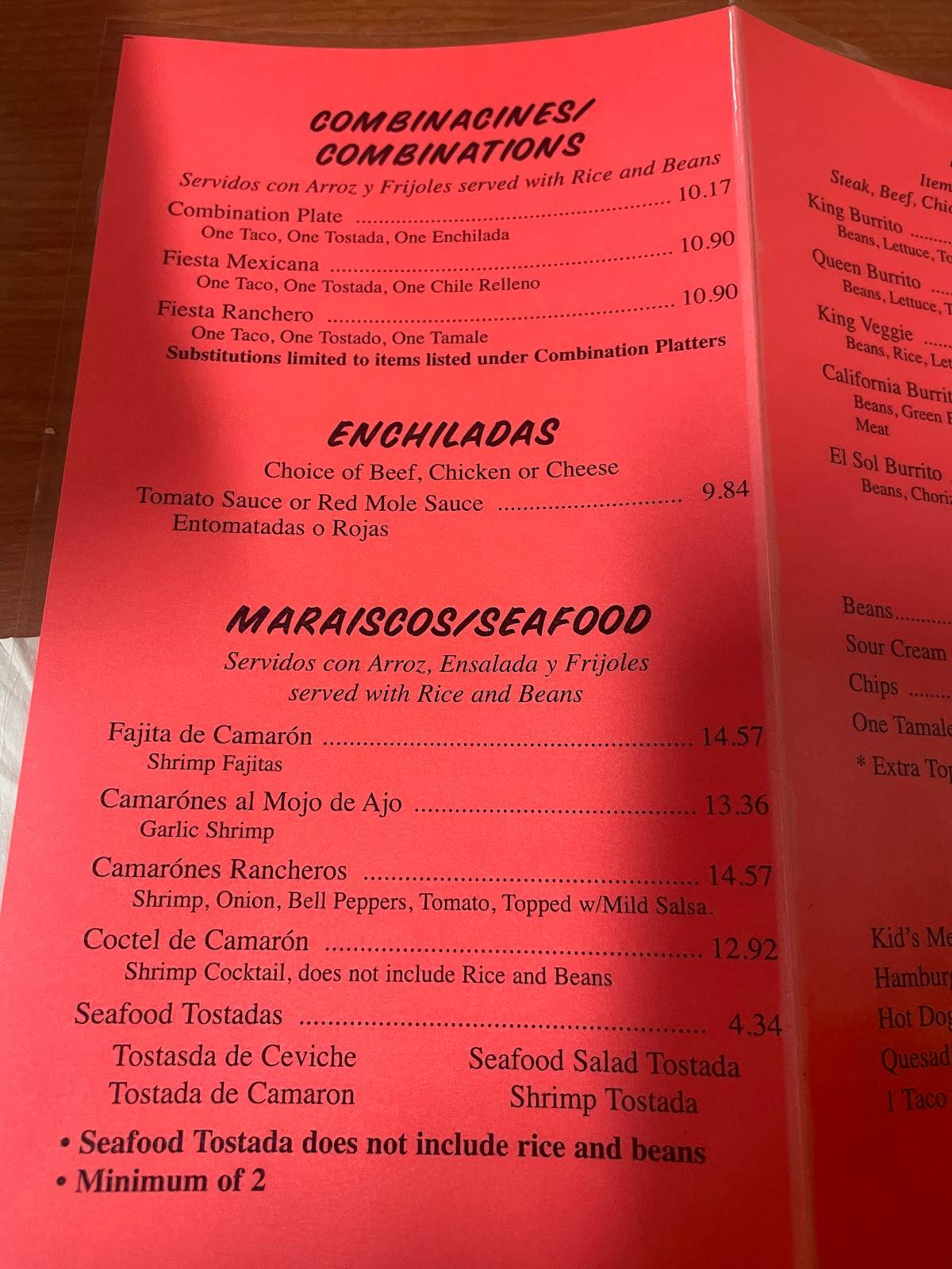 Menu at El Sol restaurant, Rochelle