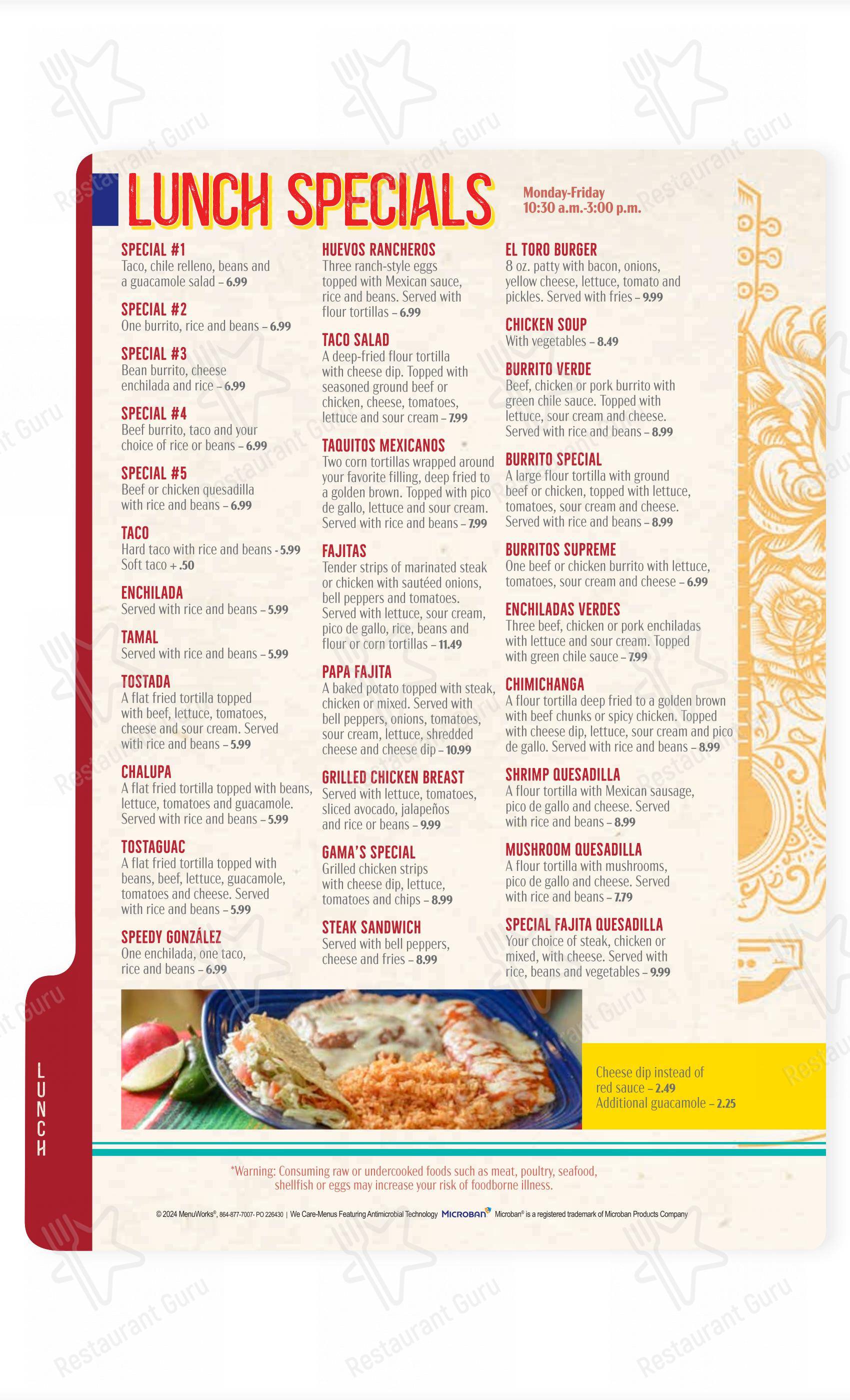 Menu at El Toro Bravo restaurant, Amory, 1102 6th Ave S