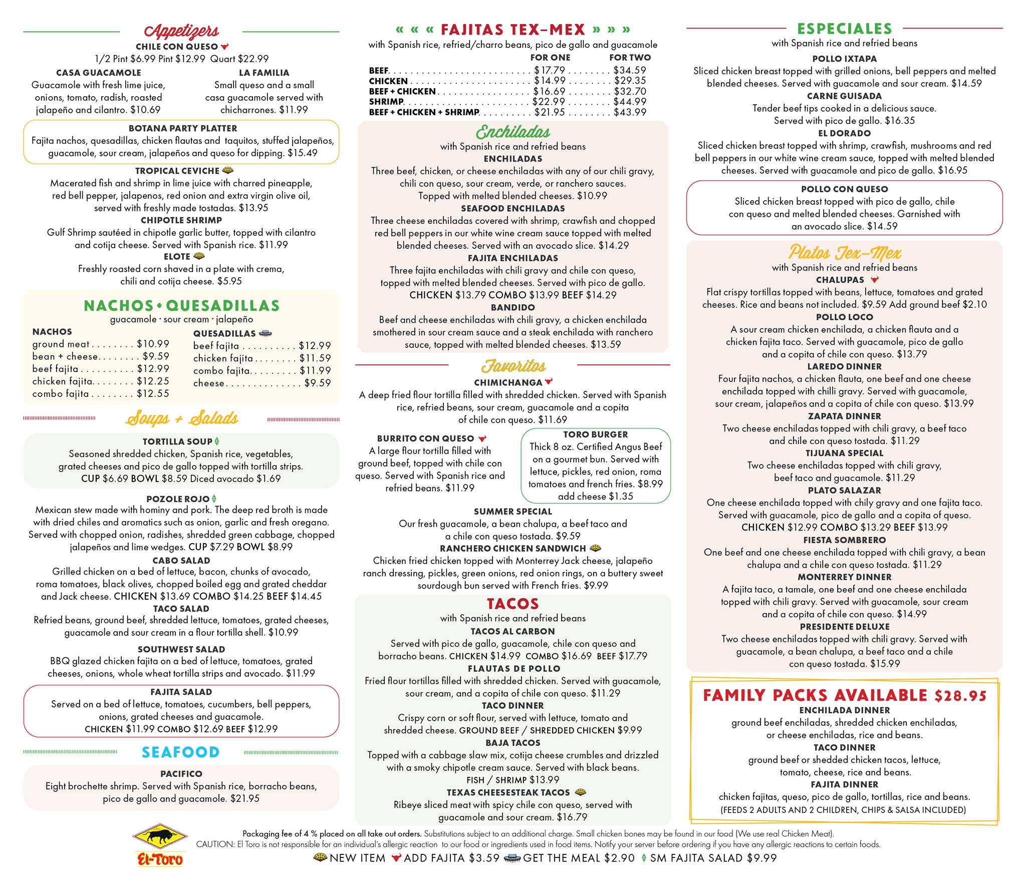Menu at El Toro Mexican Restaurant - La Porte, La Porte, 616 W Main St