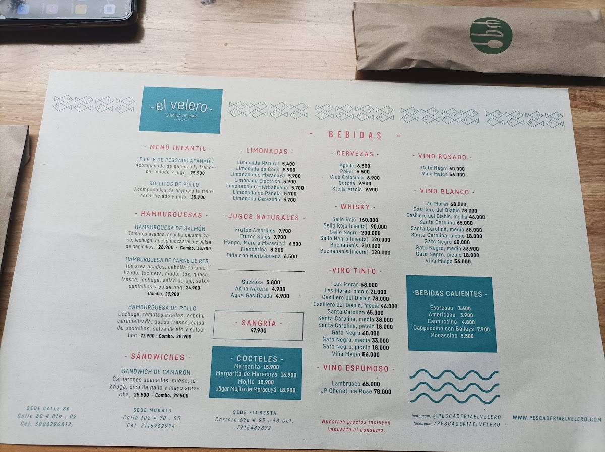Menu at El Velero restaurant, Bogotá
