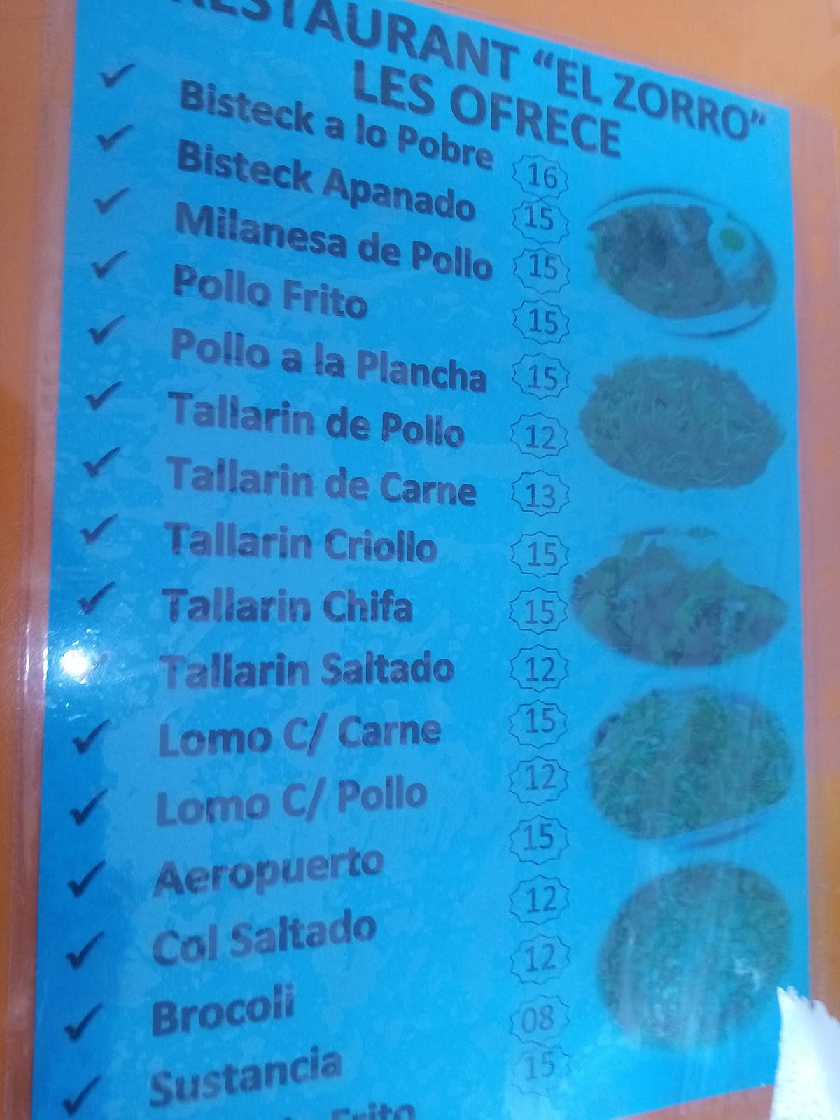 Carta del restaurante El Zorro, Chancayllo
